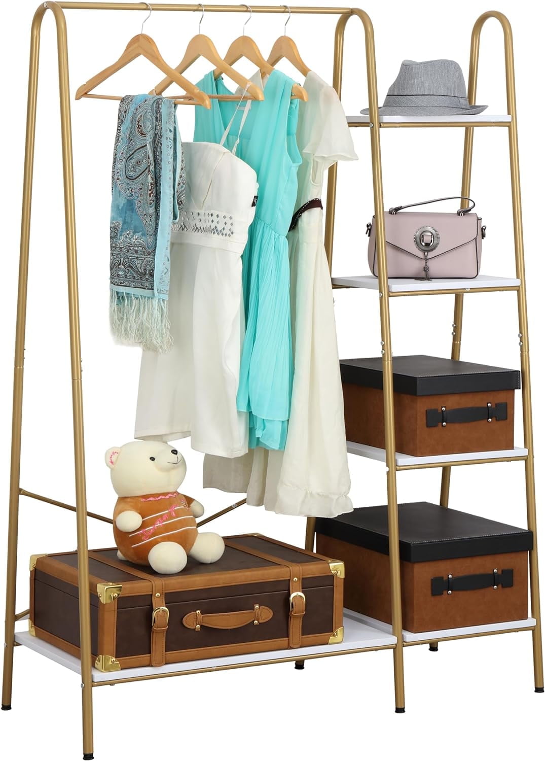 Luxury Gold Garment Rack - 5-Tier Wood Shelf Clothing Organizer, Heavy ...