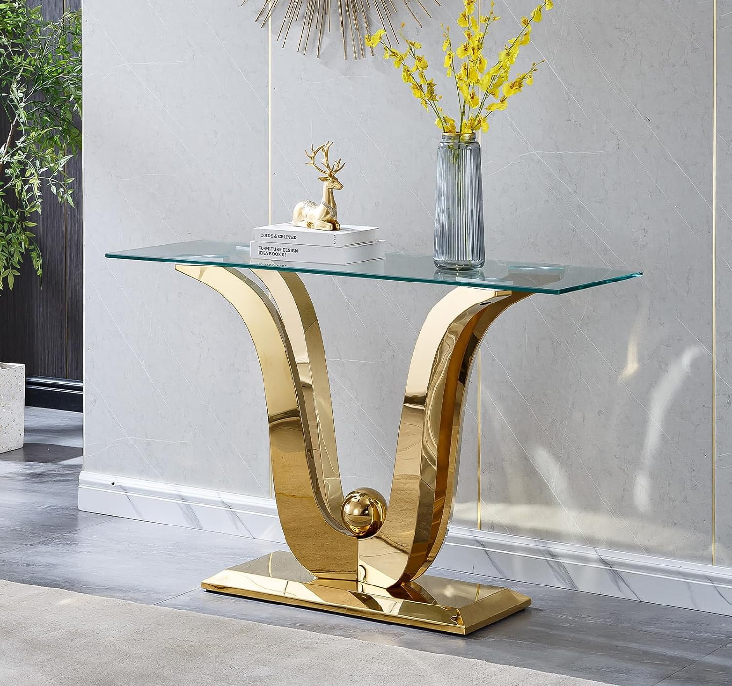 Luxury Gold Glass Console Table Modern 47" Slim Entryway Table with ...