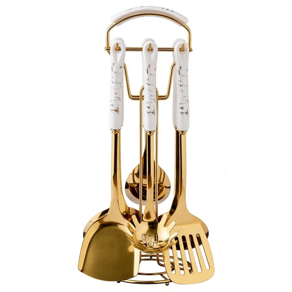 Luxury Gold Kitchen Utensils Set, 7-Piece Ceramic Handle Cooking Tools ...