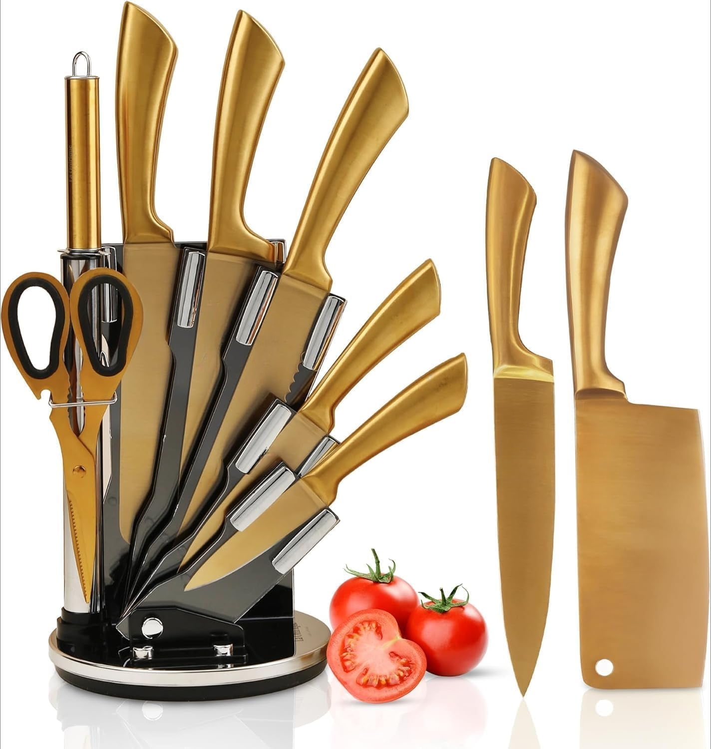 Luxury Gold Knife Set With Block Rod-Sharpener | 8 Pieces Black and ...