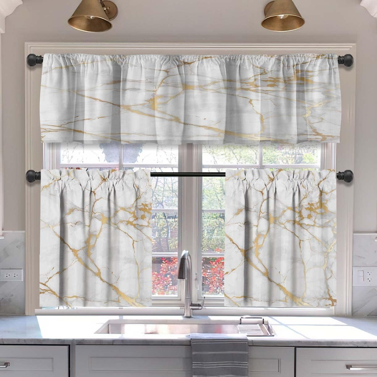 Luxury Gold Marble Blackout Kitchen Curtains Tiers and Valances Set 3 ...