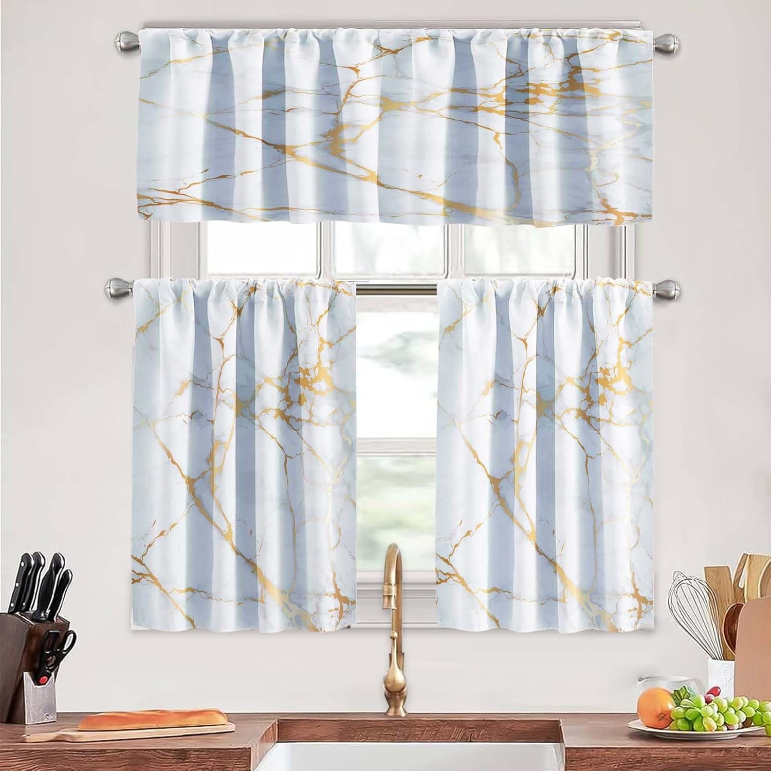Luxury Gold Marble Kitchen Curtains Tiers and Valances Set 3 Piece for ...