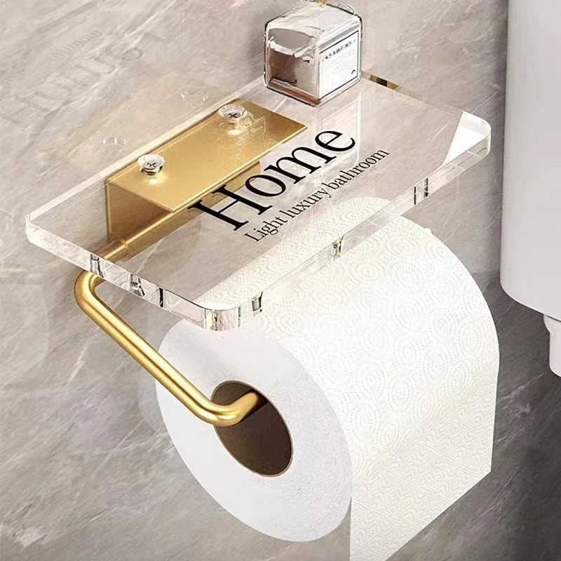 Luxury Gold Toilet Paper Holder with Shelf No Punching Acrylic Roll ...