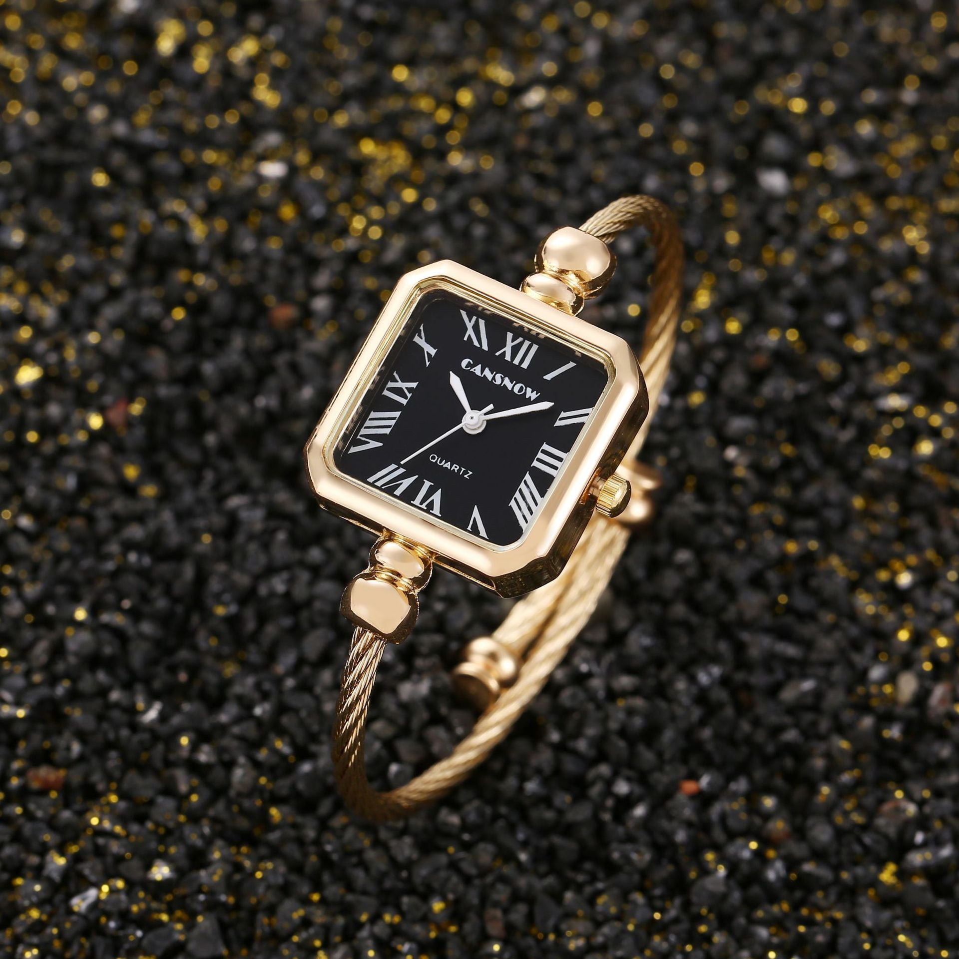Luxury Golden Bangle Bracelet Watch for Women – Square Case with Black ...