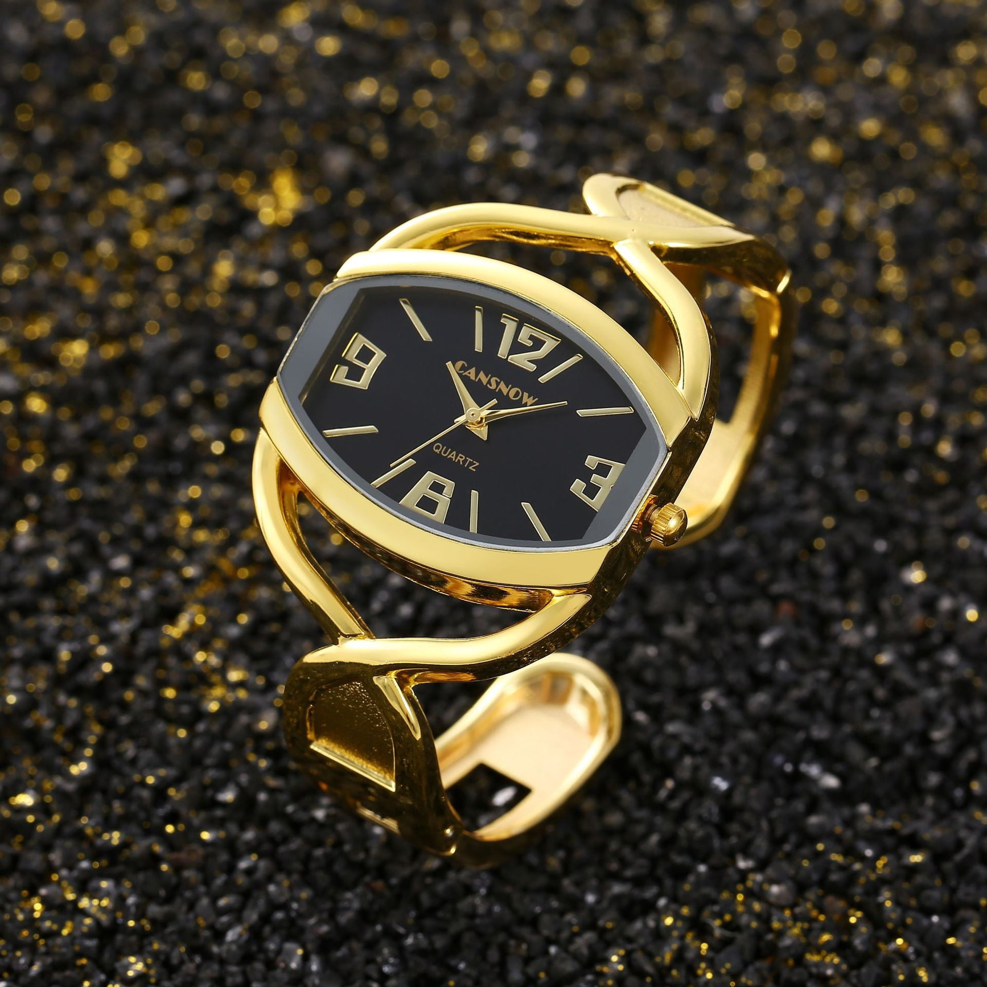 Luxury Golden Oval Bangle Watch for Women – Black Dial Fashion Bracelet ...