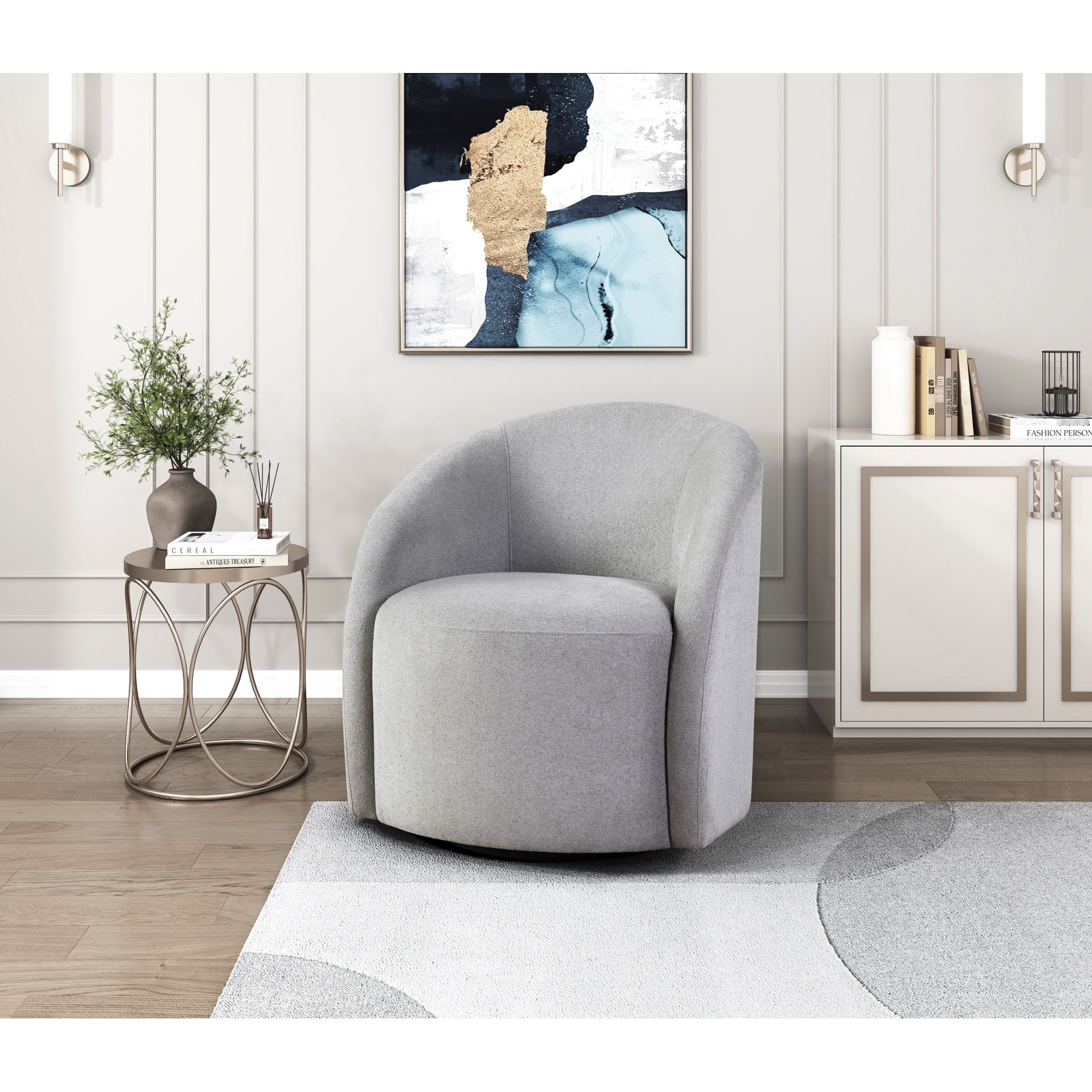 Luxury Gray Boucle Swivel Lounge, Foam Padding, Solid Wood & Metal ...
