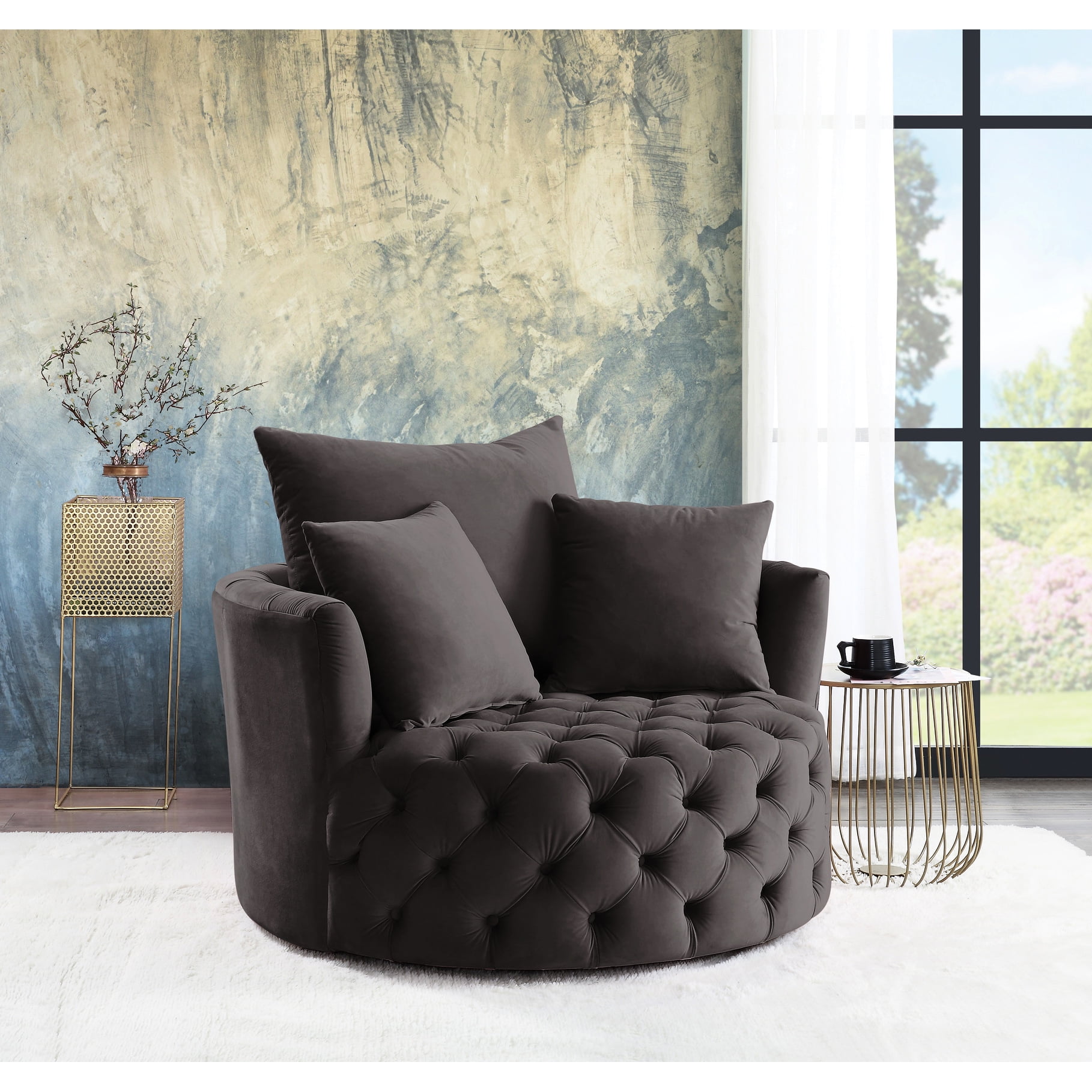 Luxury Gray Velvet Swivel Chair With Back - Classic Appeal Accent ...