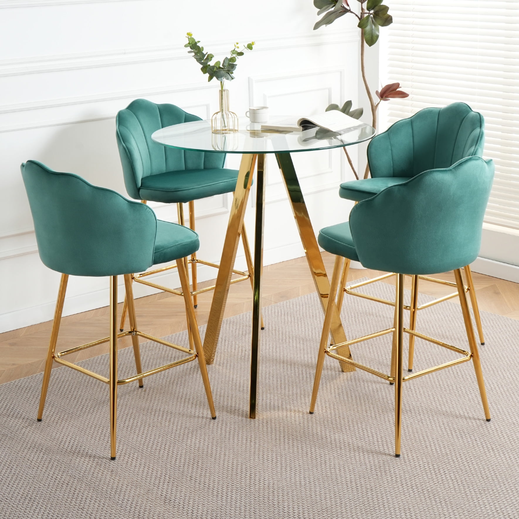 Luxury Green Velvet Bar Set with Gold Metal Legs & Tempered Glass Top ...