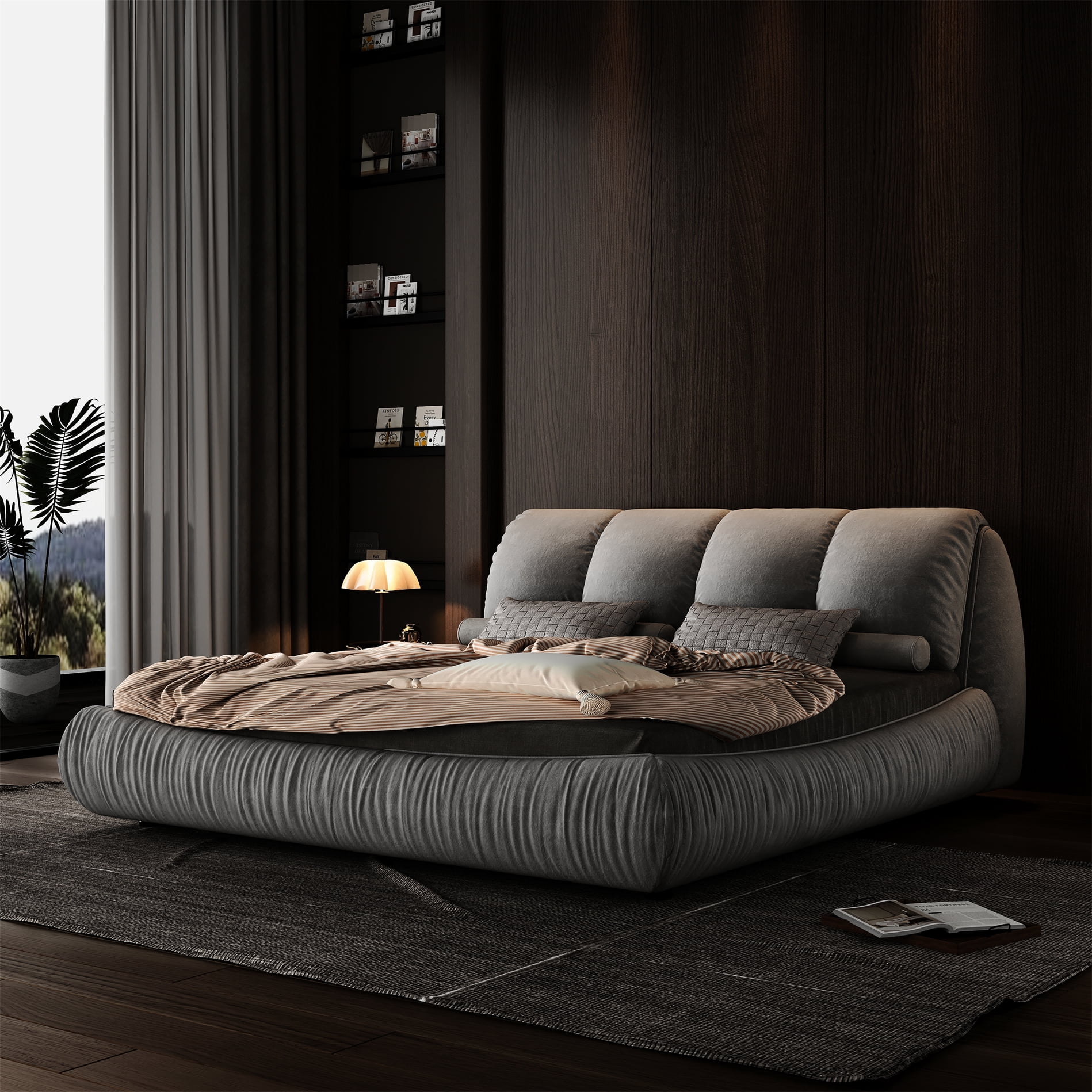 Luxury Grey King Bed With Ergonomic Design And Solid Wood Structure ...