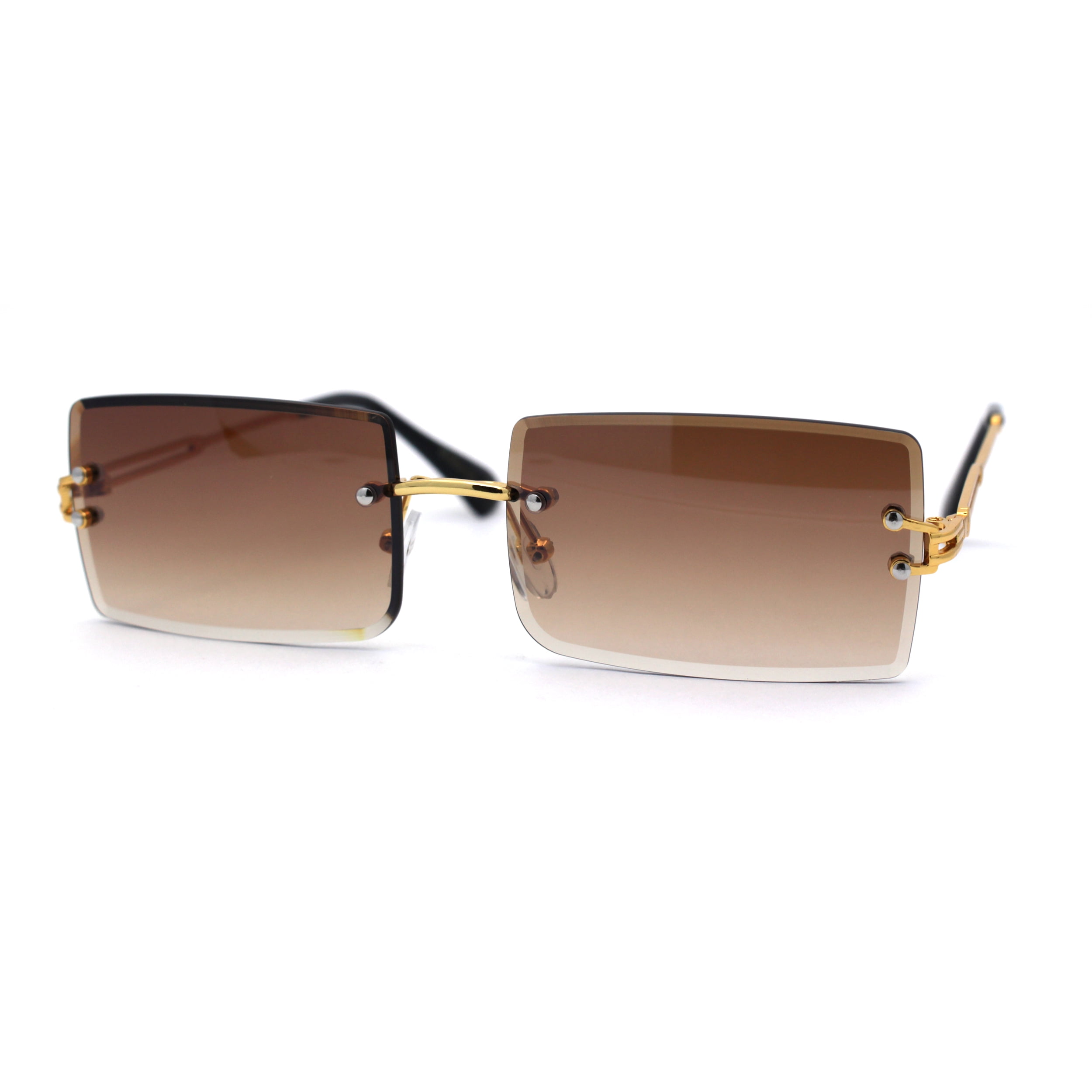 Luxury Hippie Style Rimless Bevel Rectangle Lens Sunglasses Gold Brown ...