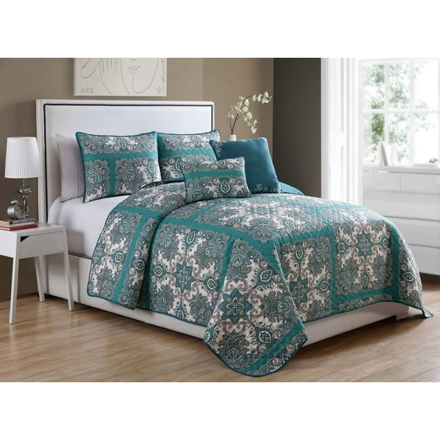 Luxury Home, 5-Piece Istanbul Quilt Set,Teal Multi,Queen - Walmart.com