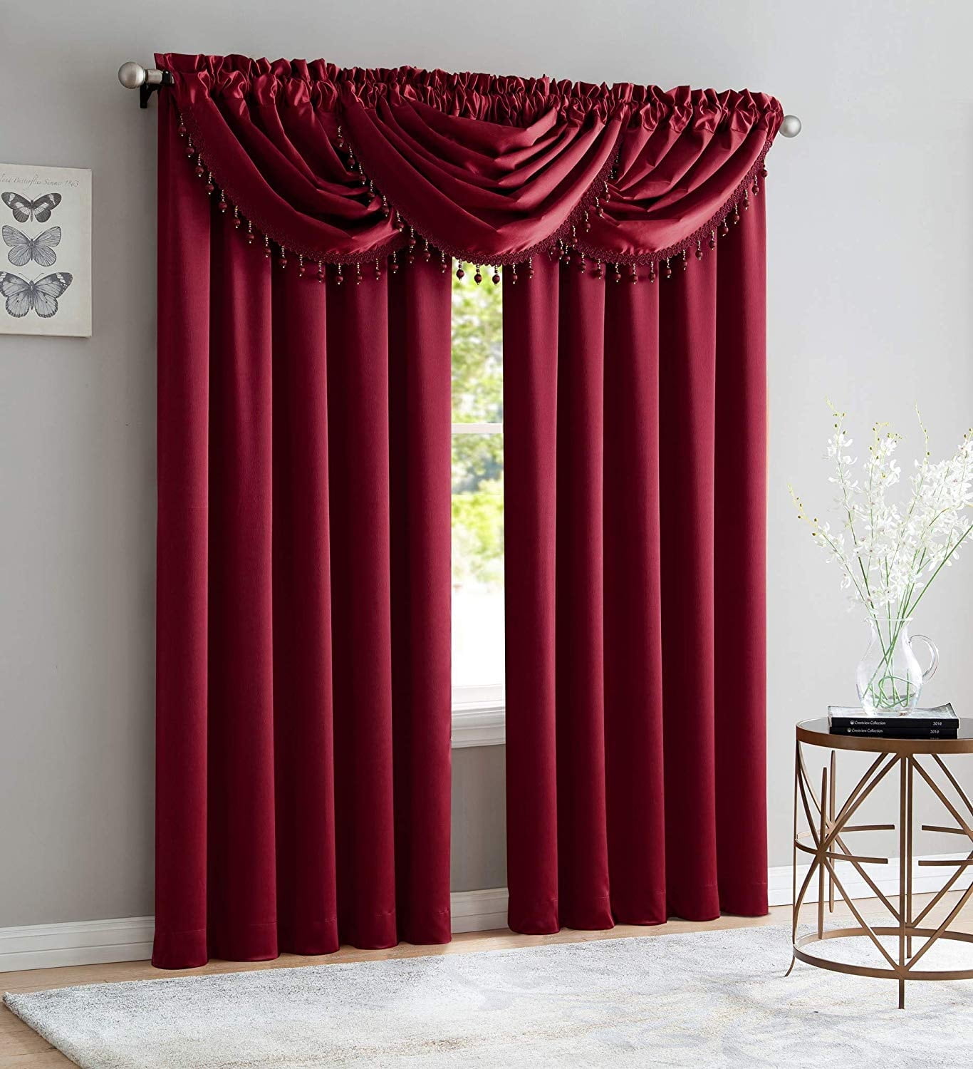 Bridget 5 Piece Burgundy Crushed Satin Window Drapes Panels with Beaded ...