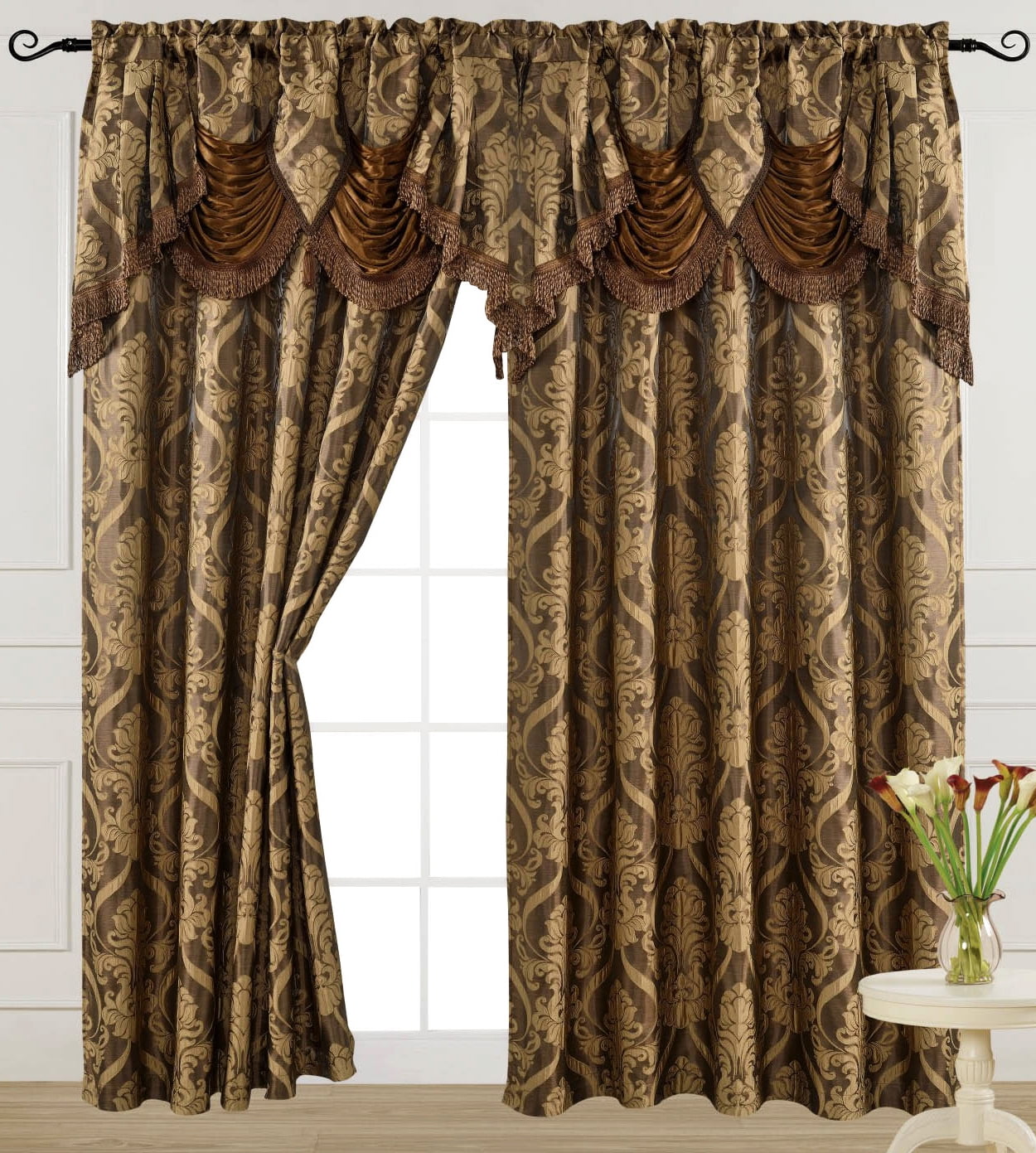 Luxury Jacquard Curtain Panel with Attached Waterfall Valance, 54 by 84 ...