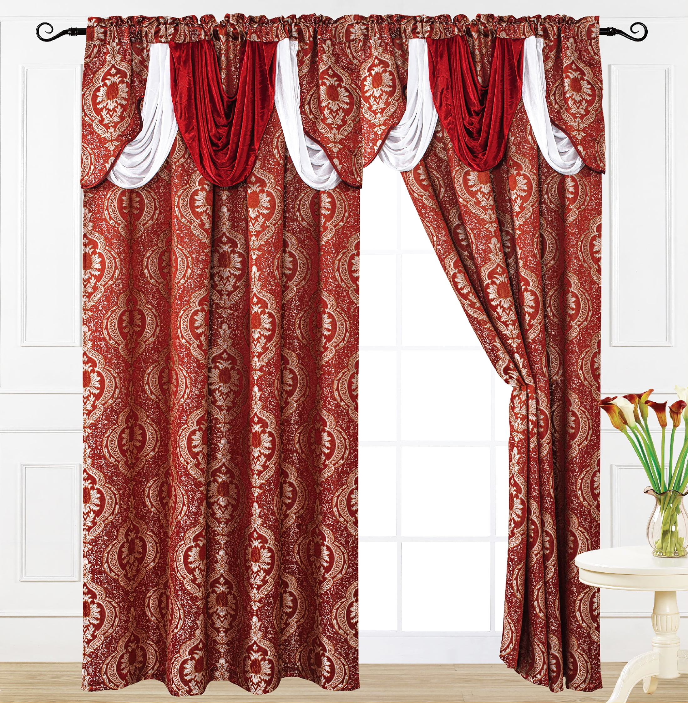 Luxury Jacquard Curtain Panel with Attached Waterfall Valance, 54 by 84 ...