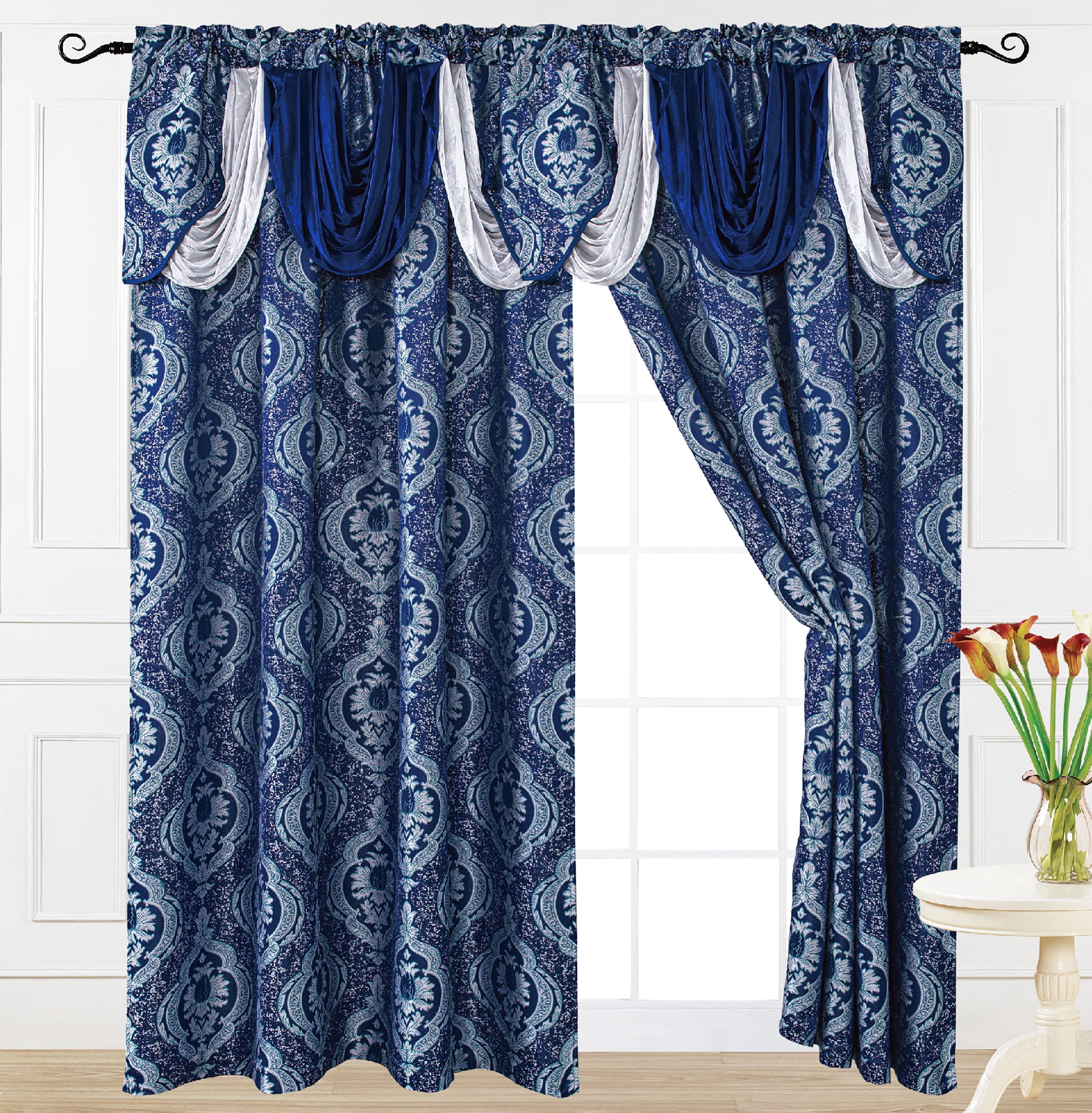 Luxury Jacquard Curtain Panel with Attached Waterfall Valance, 54 by 84 ...