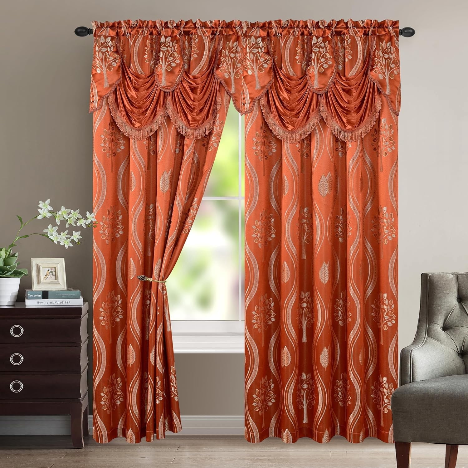 Luxury Jacquard-Style Curtain Panel Set with Attached Valance – 54"x84 ...