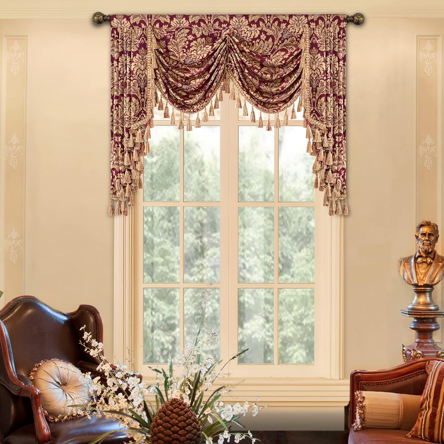 Luxury Jacquard Waterfall Valance for Living Room, Classic Floral ...