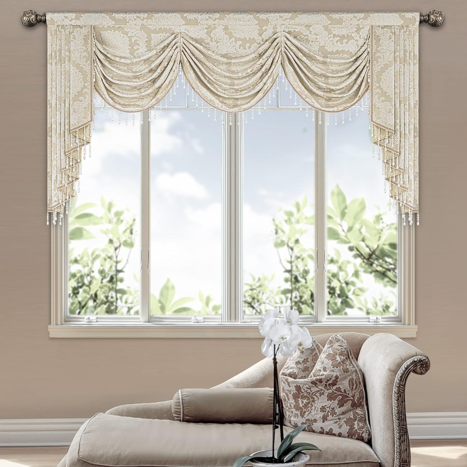 Luxury Jacquard Waterfall Valance for Living Room, Elegant Damask Swag ...