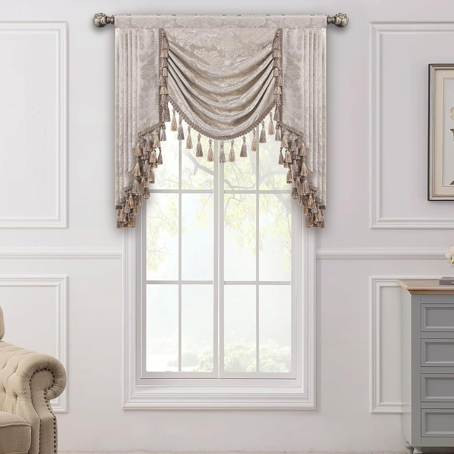 Luxury Jacquard Waterfall Valance for Living Room, Floral Damask Swag ...