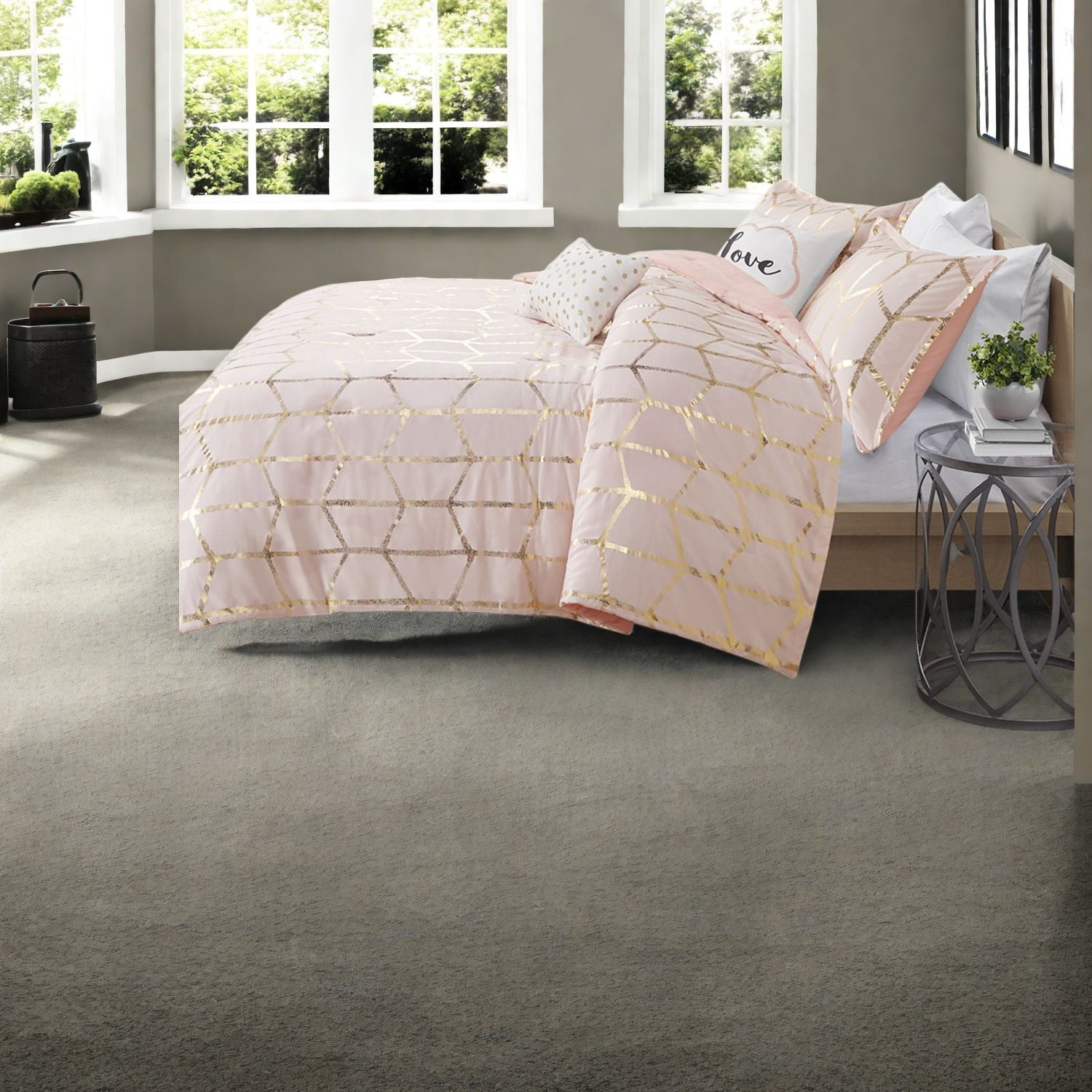 Luxury King Size Bedding Sets Metallic Print Polyester Comforter Modern ...