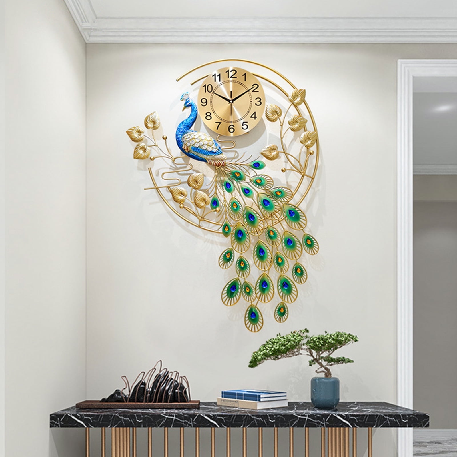 Luxury Large Peacock Wall Clock Metal Living Room Bedroom Wall Watch ...