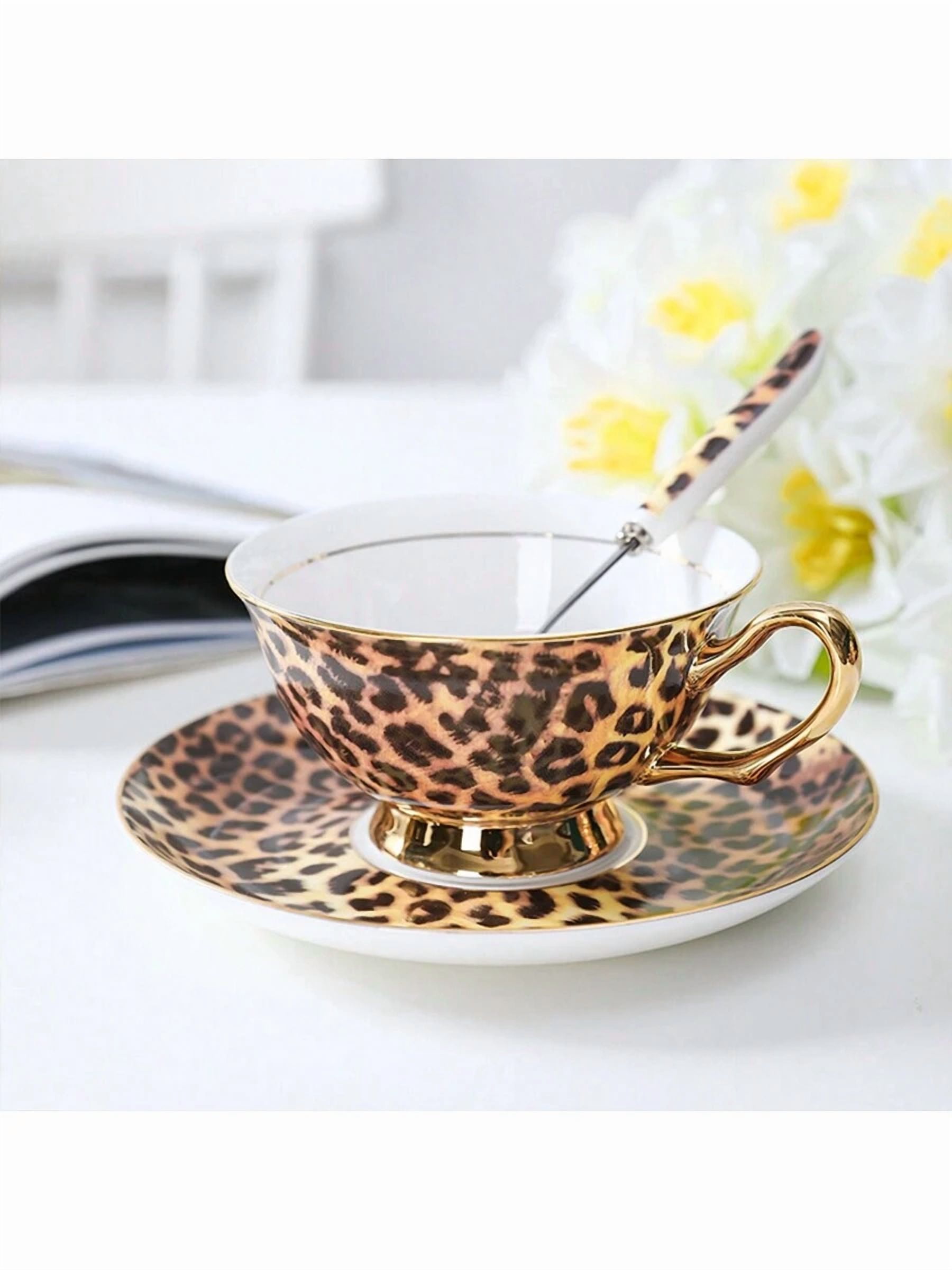 Luxury Leopard Print Bone China Tea Cup & Saucer Set - Golden Handle ...
