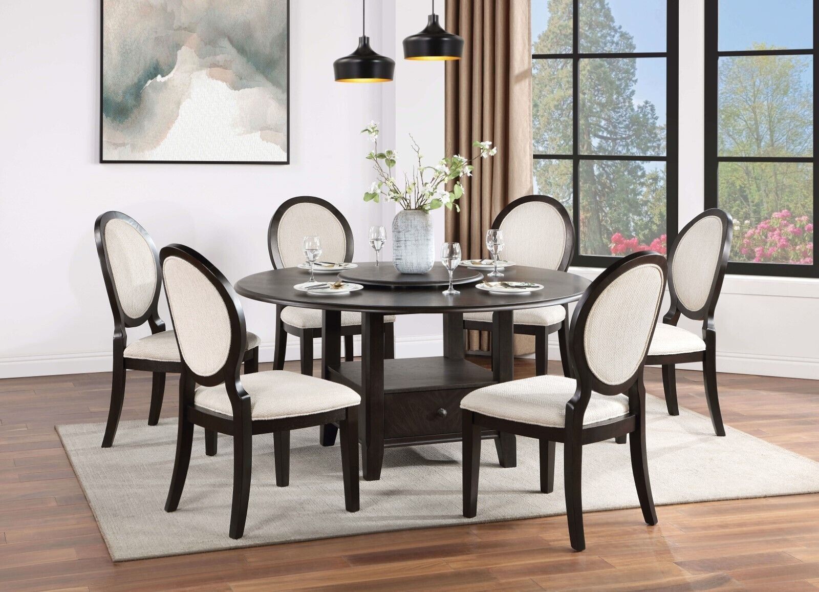 Luxury Look Espresso Round Dining Table w Lazy Suzan 6x Side Chairs ...