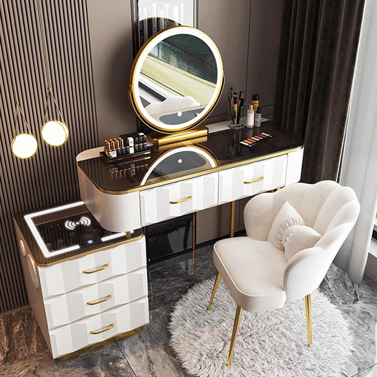 Luxury Makeup Vanity Desk with Wireless Charging Station and Bluetooth ...