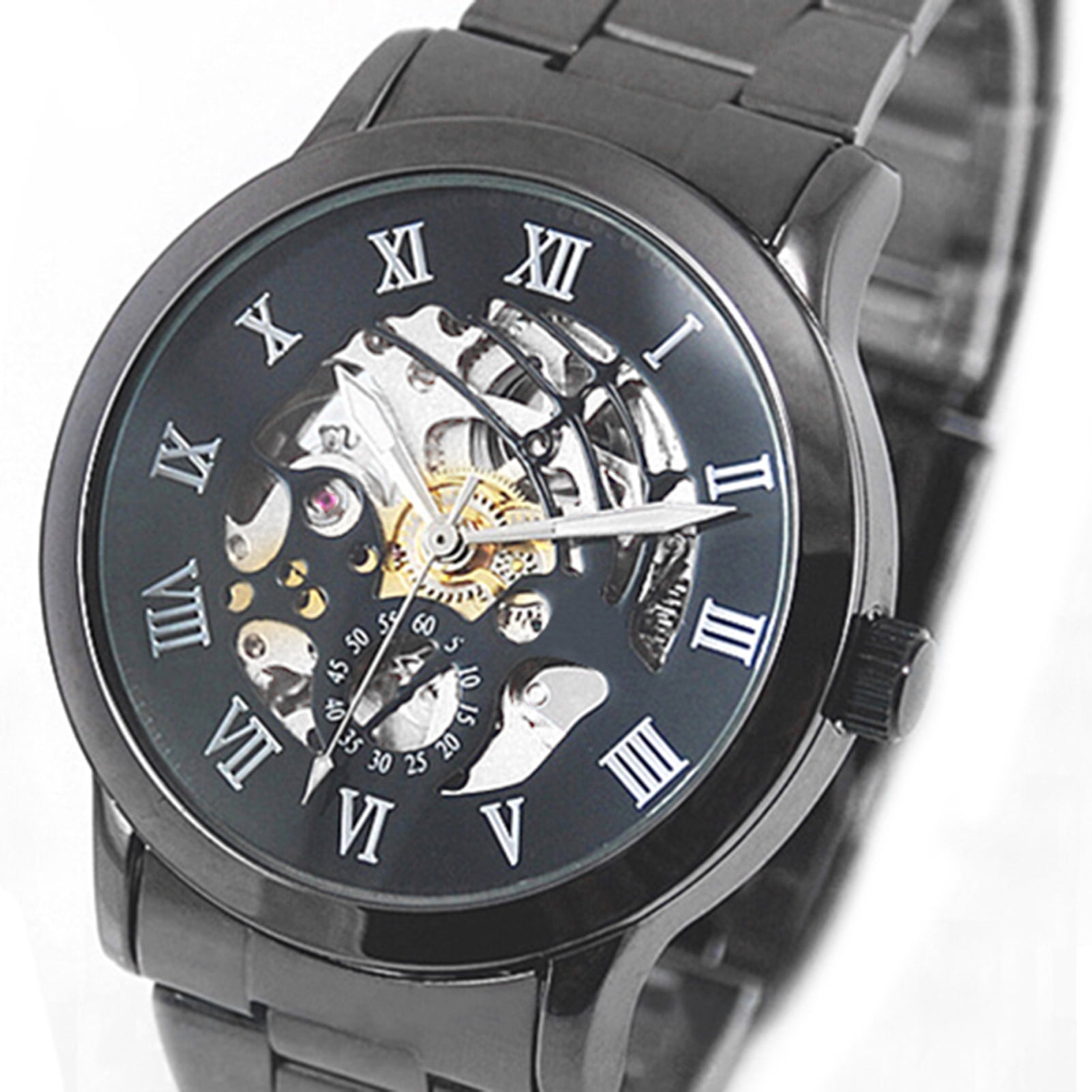 Luxury Men's Roman Numerals Tungsten Steel Mechanical Skeleton Wrist ...