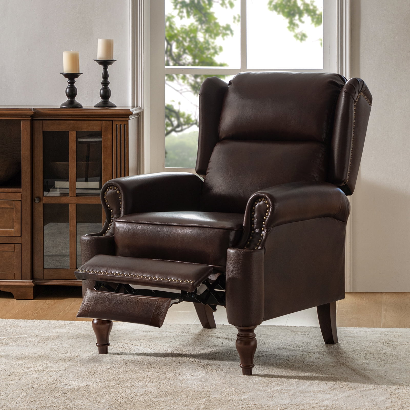 Luxury Mid Century Recliner Genuine Leather Wingback Push Back Chair ...