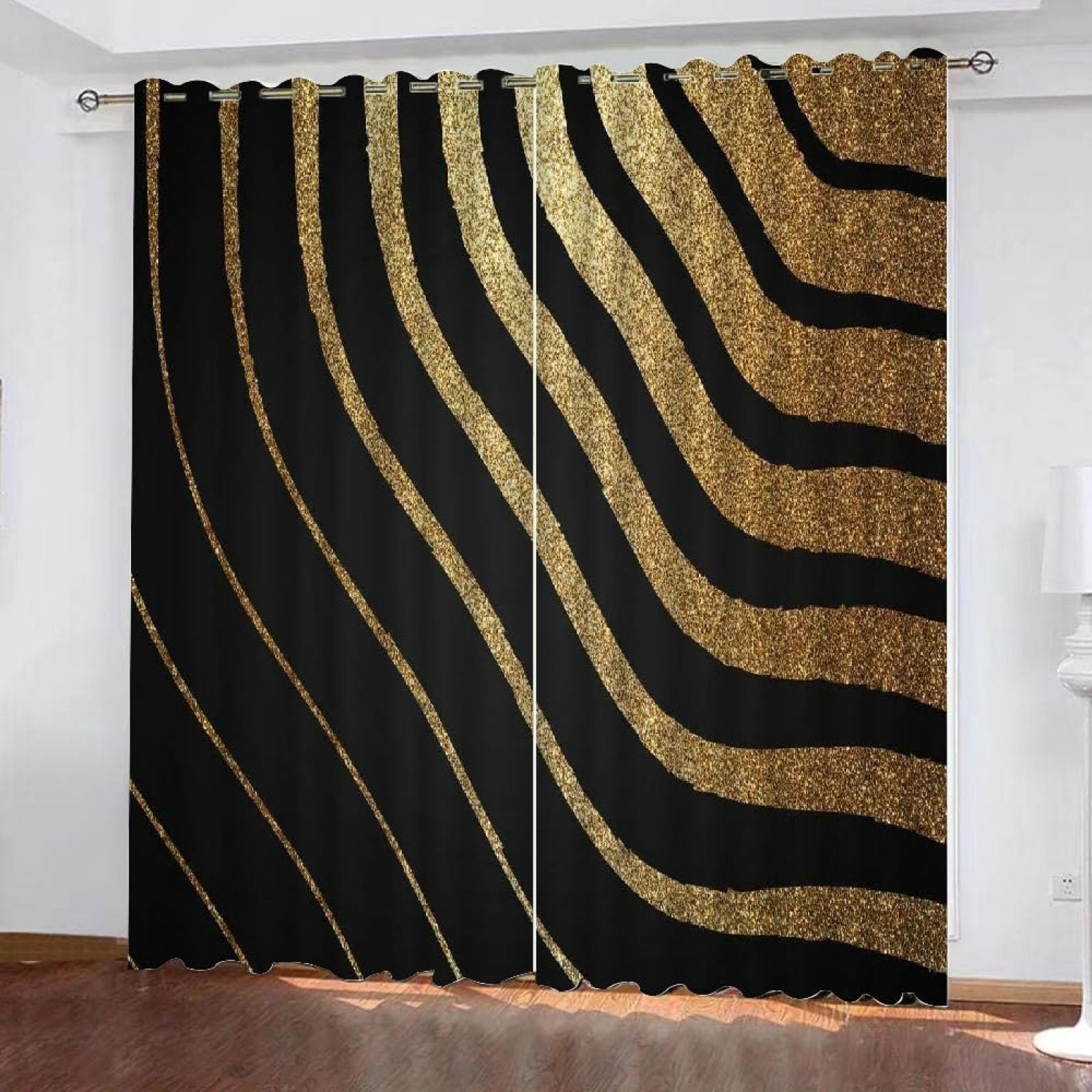 Luxury Modern Minimalist Print Curtain, Black Gold Waves Pattern ...