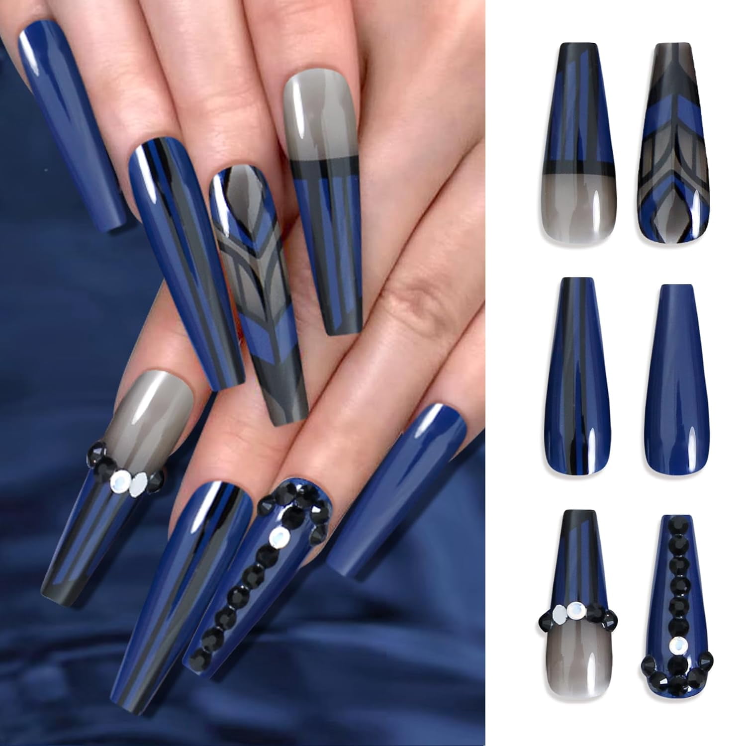 Luxury Navy Coffin Nails Glossy 3D Rhinestones Extra Long Tips Elegant ...