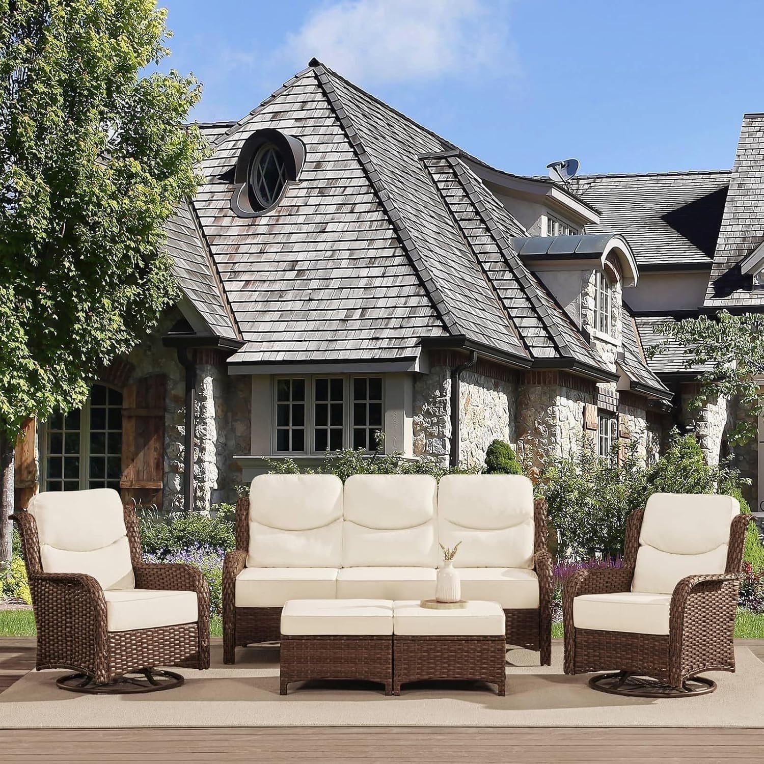 Hillga Luxury Outdoor Patio Furniture Set Three-Seater Sofa Swivel ...