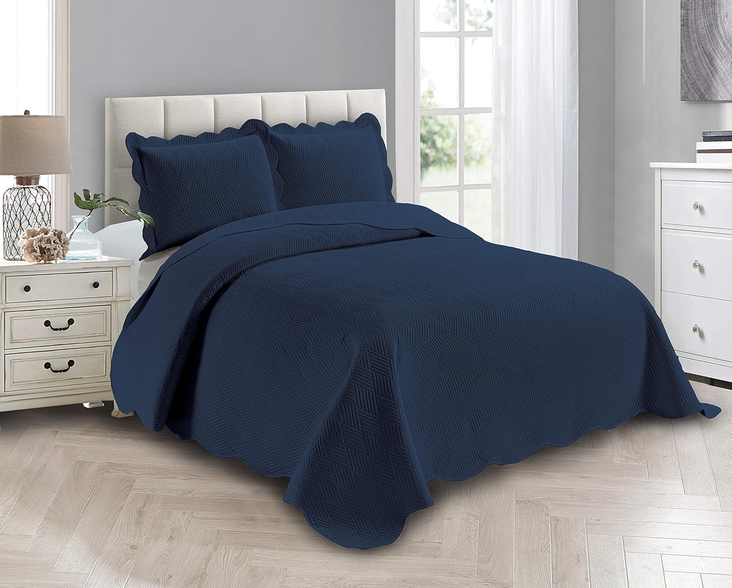 Luxury Oversized Coverlet Embossed Bedspread Set Solid Navy Blue Full ...