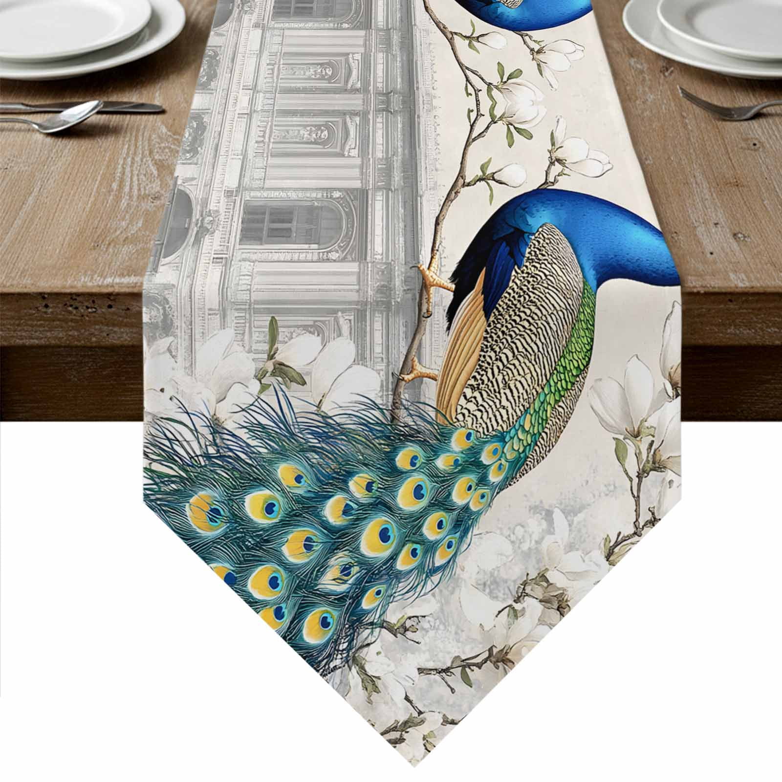 Luxury Peacock Table Runner Linen Burlap Table Runner 72 Inches Long ...