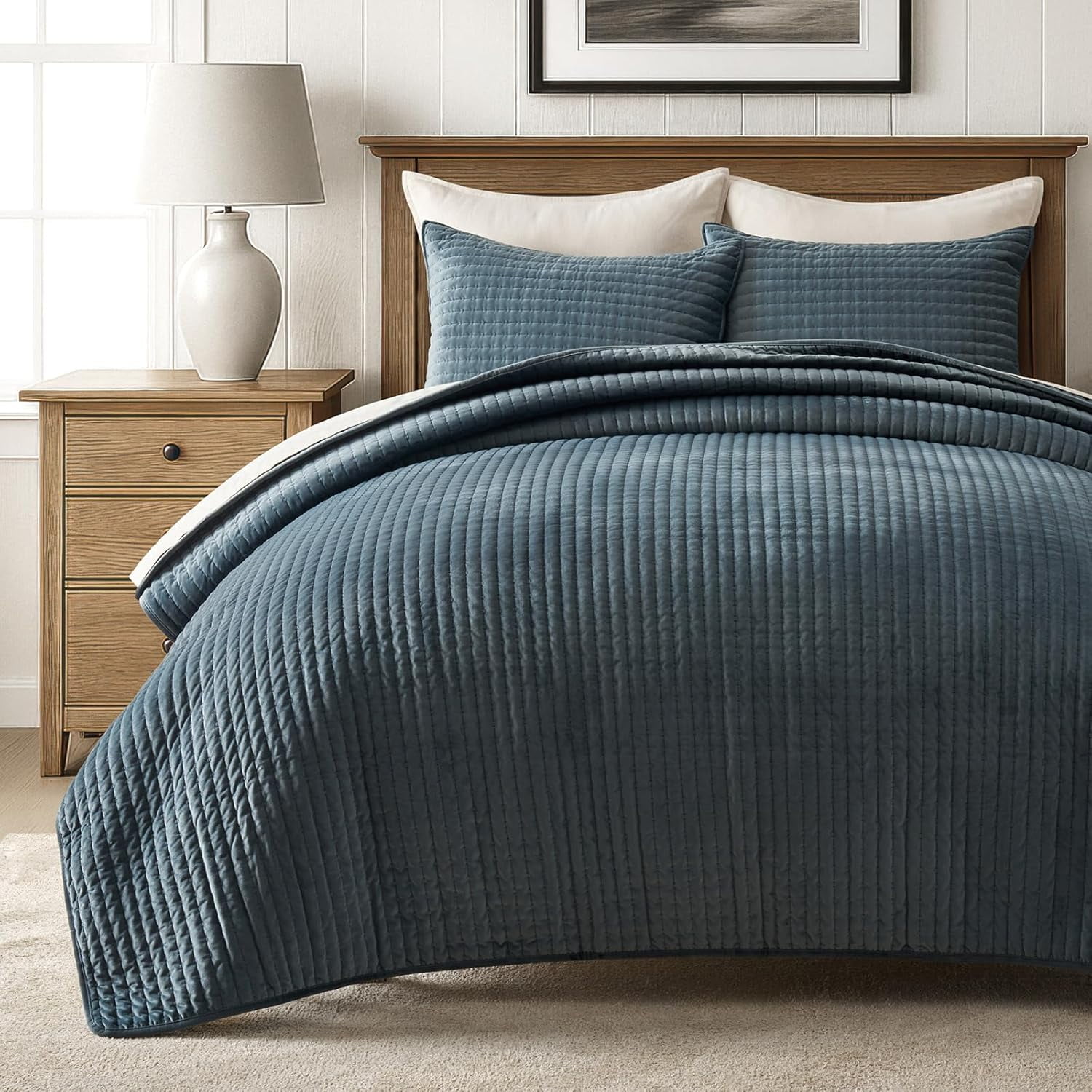 Luxury Pearl Velvet Quilt Set King Size, 3 Pieces Lightweight Channel ...