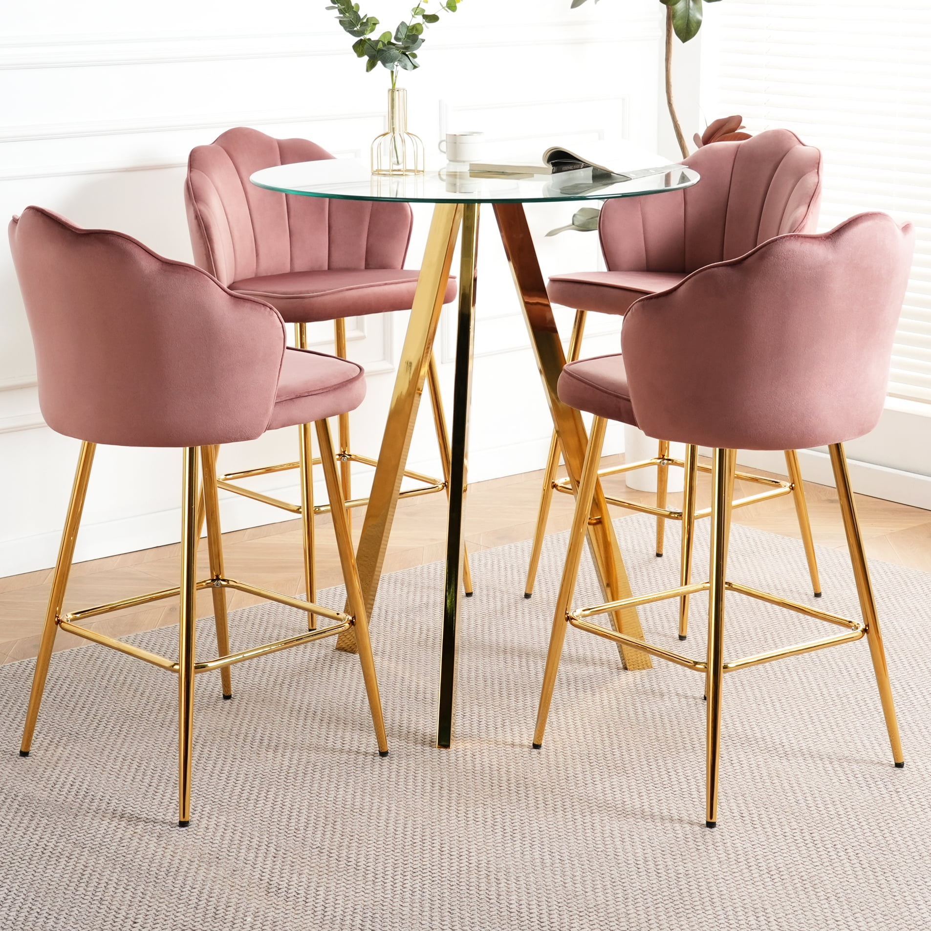 Luxury Pink Velvet Bar Chairs And Table - Smooth Lines, Fatigue, Base ...