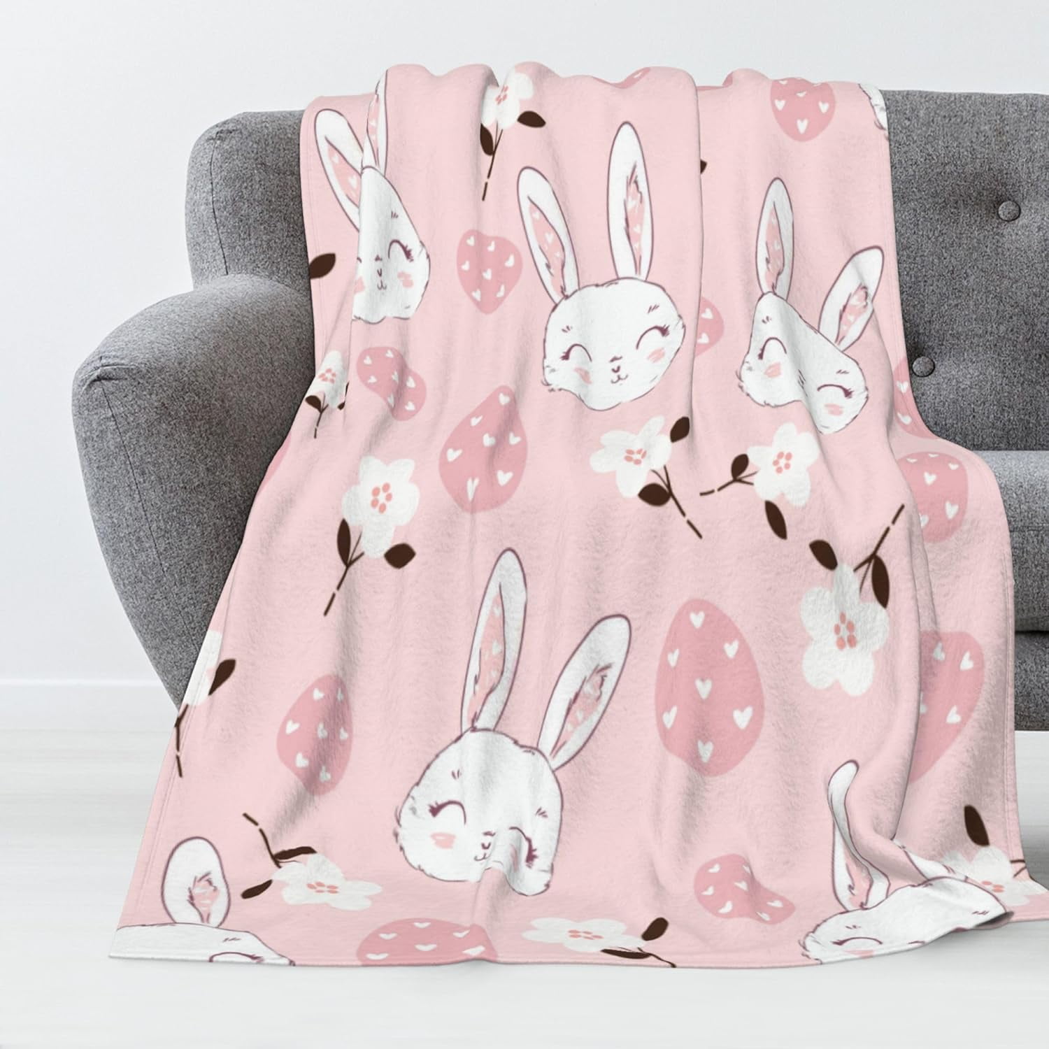 Luxury Plush Easter Blanket Cute Smiling Bunny Easter Egg Flower Pink ...