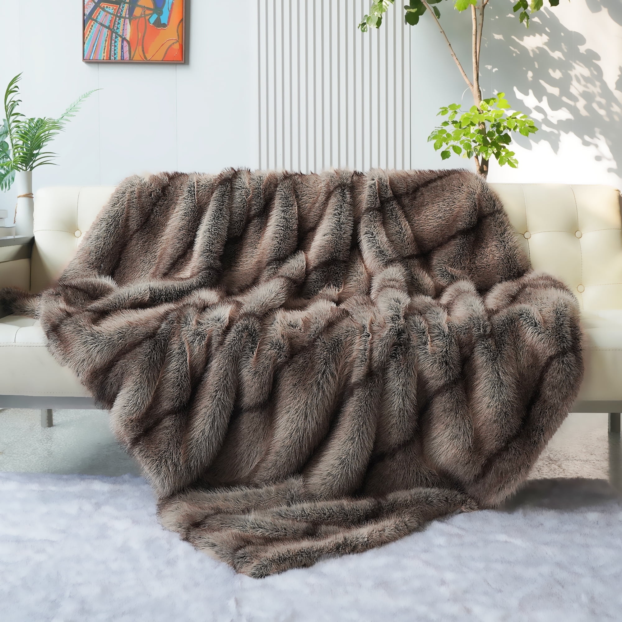 Luxury Plush Faux Fur Blanket King Size, Long Pile Brown with Black Tipped Blanket,Super Warm ...