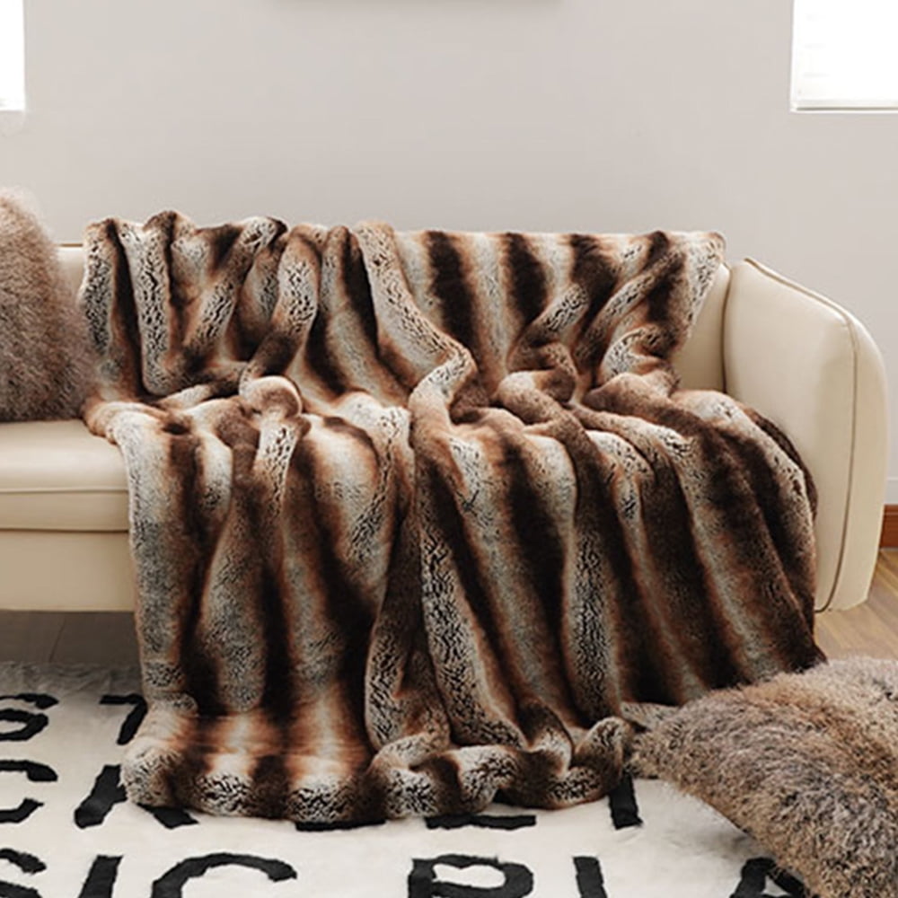 Luxury Plush Faux Fur Throw Blanket, Long Pile Brown Tipped Blanket, Super Warm, Fluffy ...