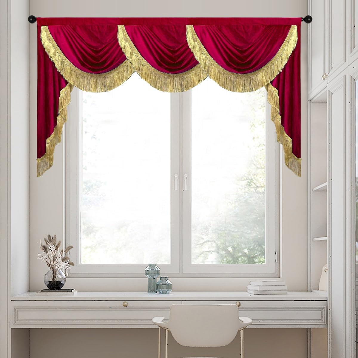 Luxury Red Velvet Swag Waterfall Curtain Valance with Tassels for ...
