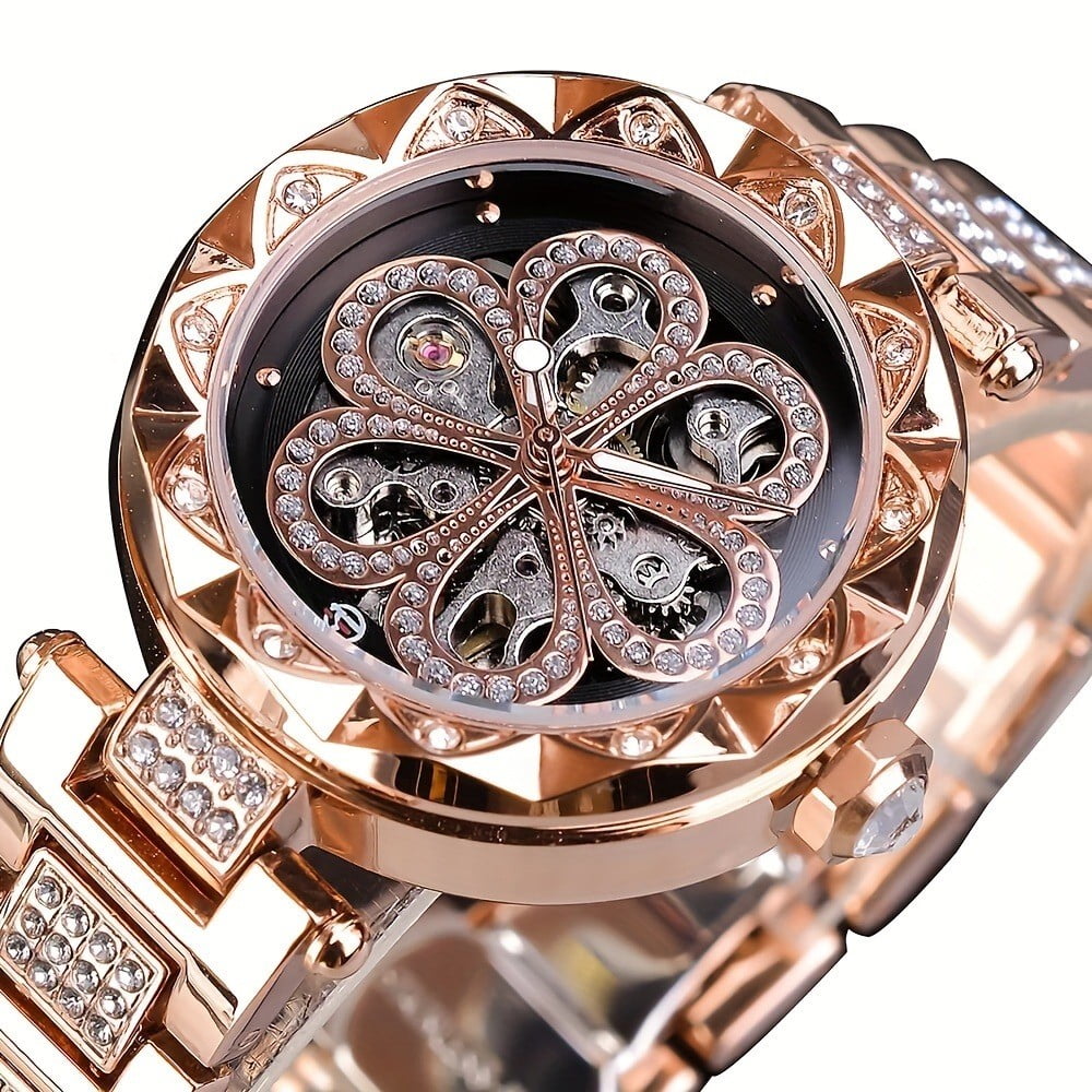 Luxury Rhinestone Flower Mechanical Watch - Retro Skeleton Fashion ...
