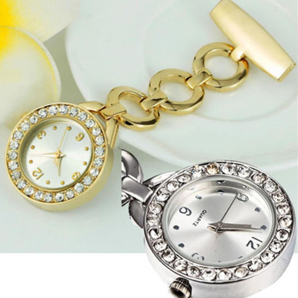 Luxury Rhinestone Round Dial Nurse Watch Brooch Pin Quartz Fob Pocket ...