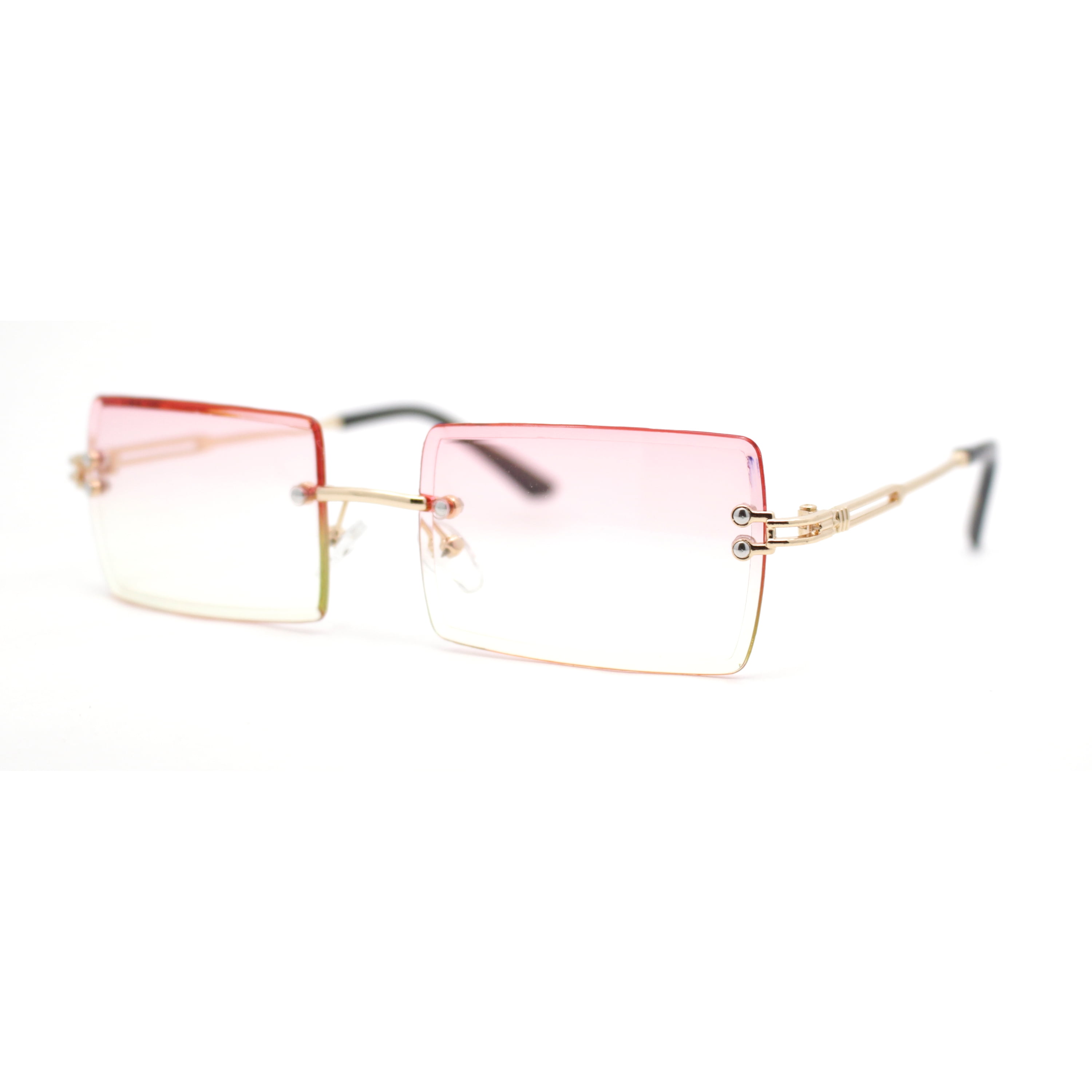 Luxury Rimless Showy Hustler Rectangle Metal Rim Sunglasses Gold - Pink ...
