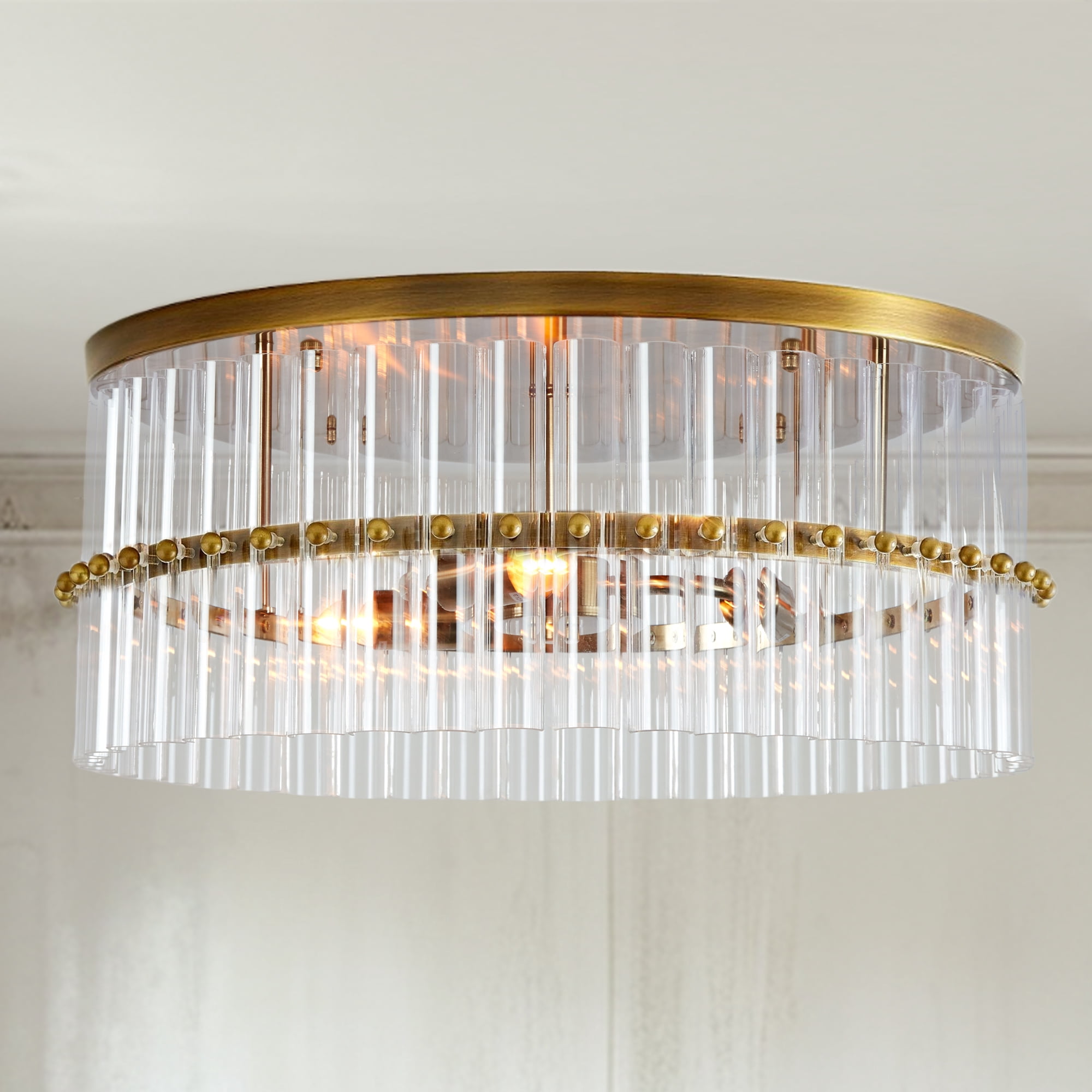 Luxury Round Antique Brass Metal with Tube Crystal 18 Inch Semi Flush ...