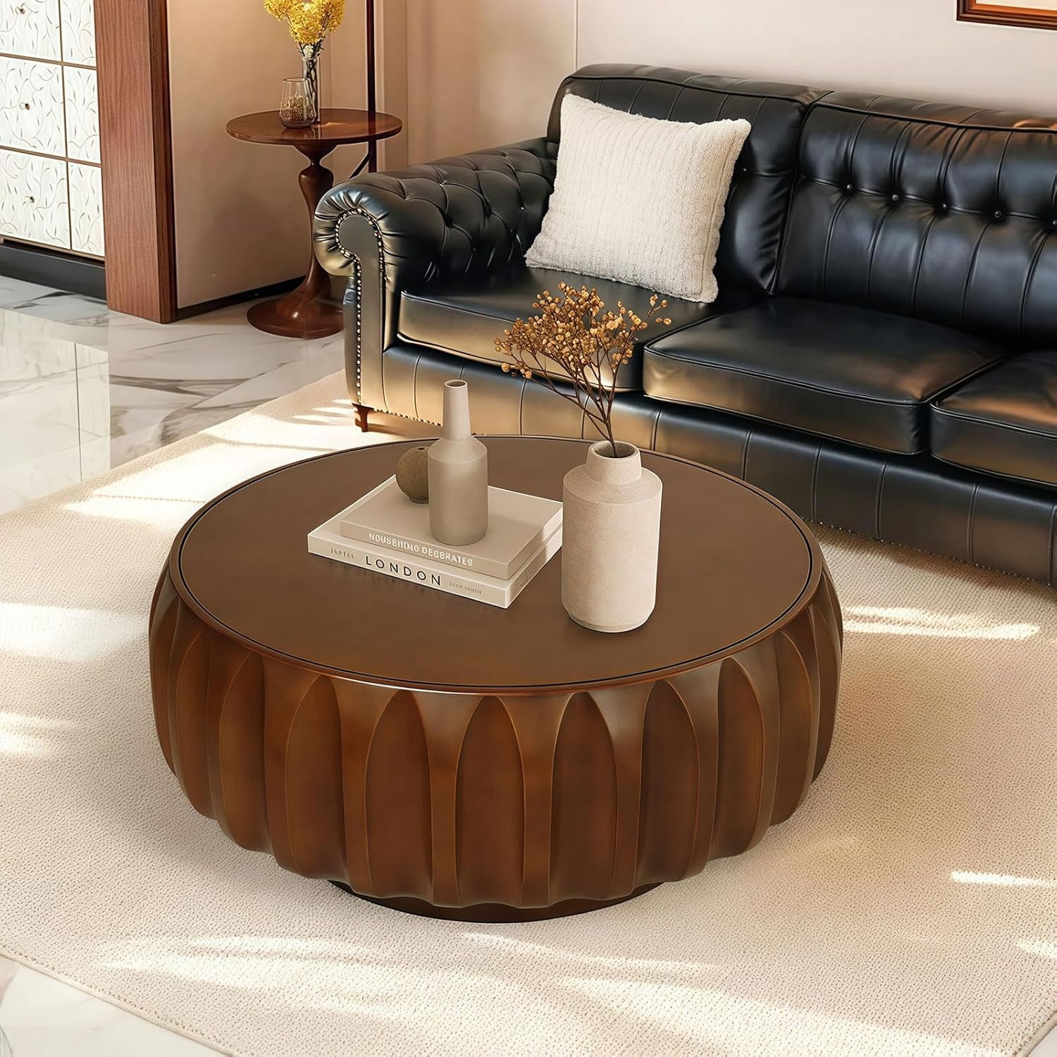 Luxury Round Fluted Coffee Table, Walnut Wood Drum Design with Base, 31-inch Diameter, Modern ...