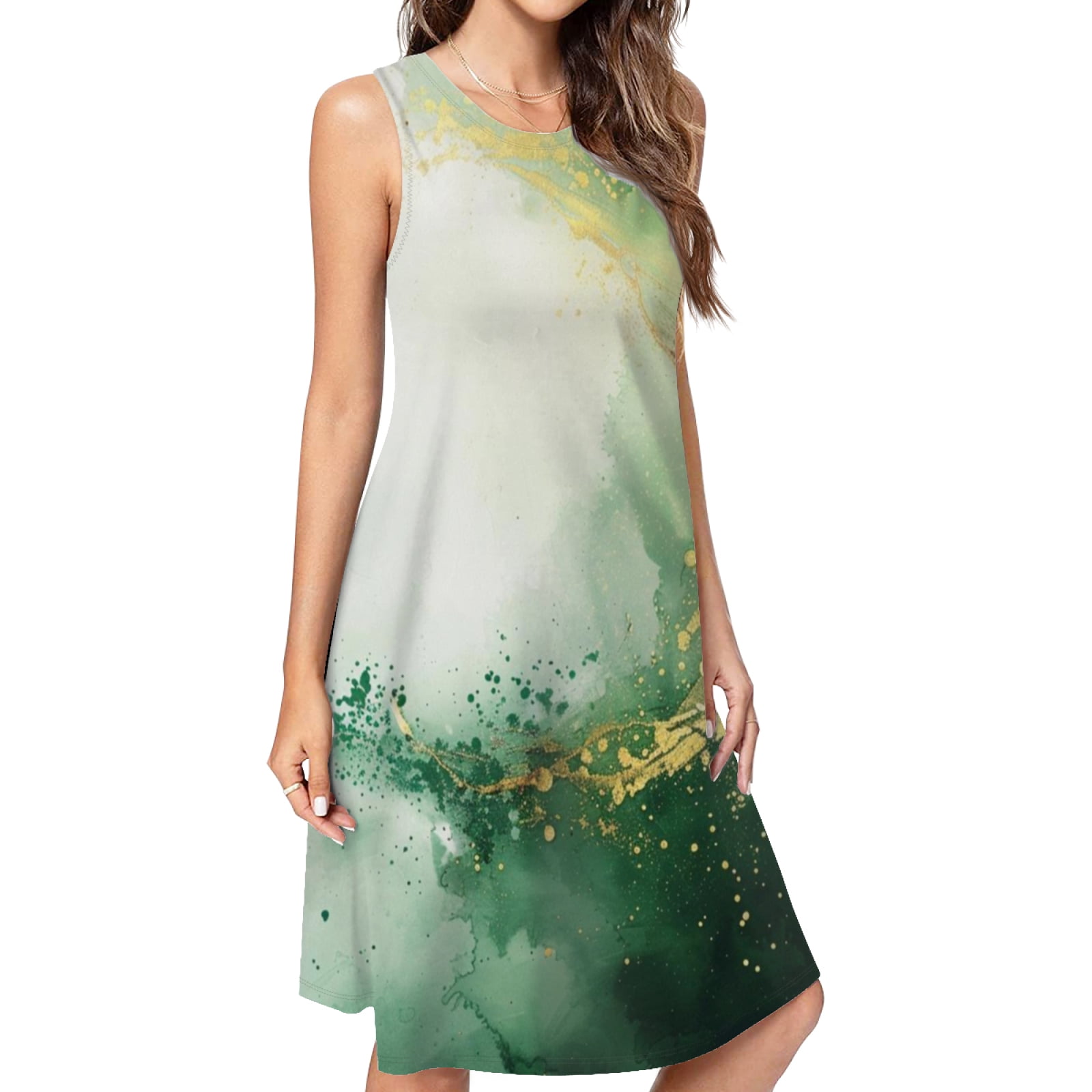 Luxury Sage Green Cream Gold Casual Sleeveless Loose Sundress Dress For ...