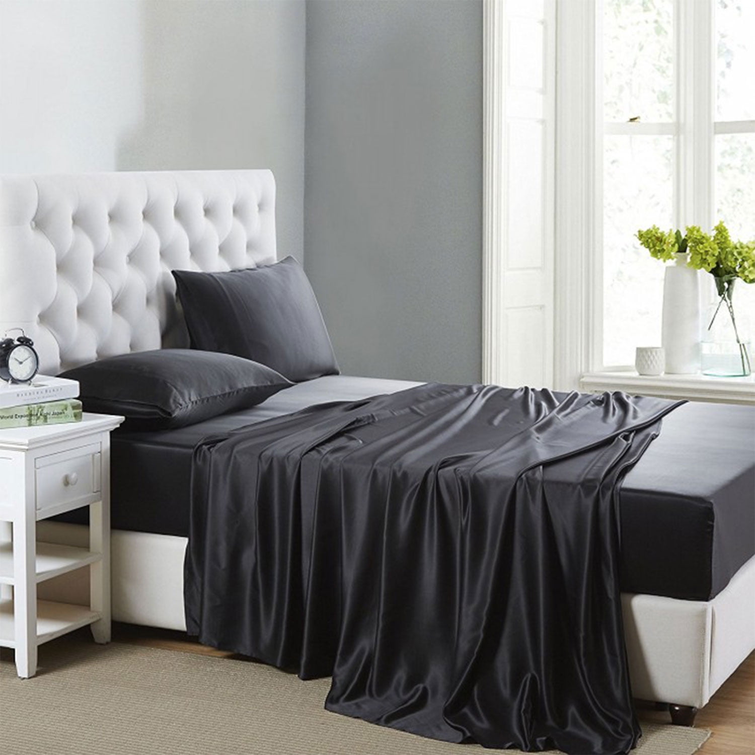 Luxury Full Size Black Satin Sheets Set, 4-Piece Bedding with Silky ...
