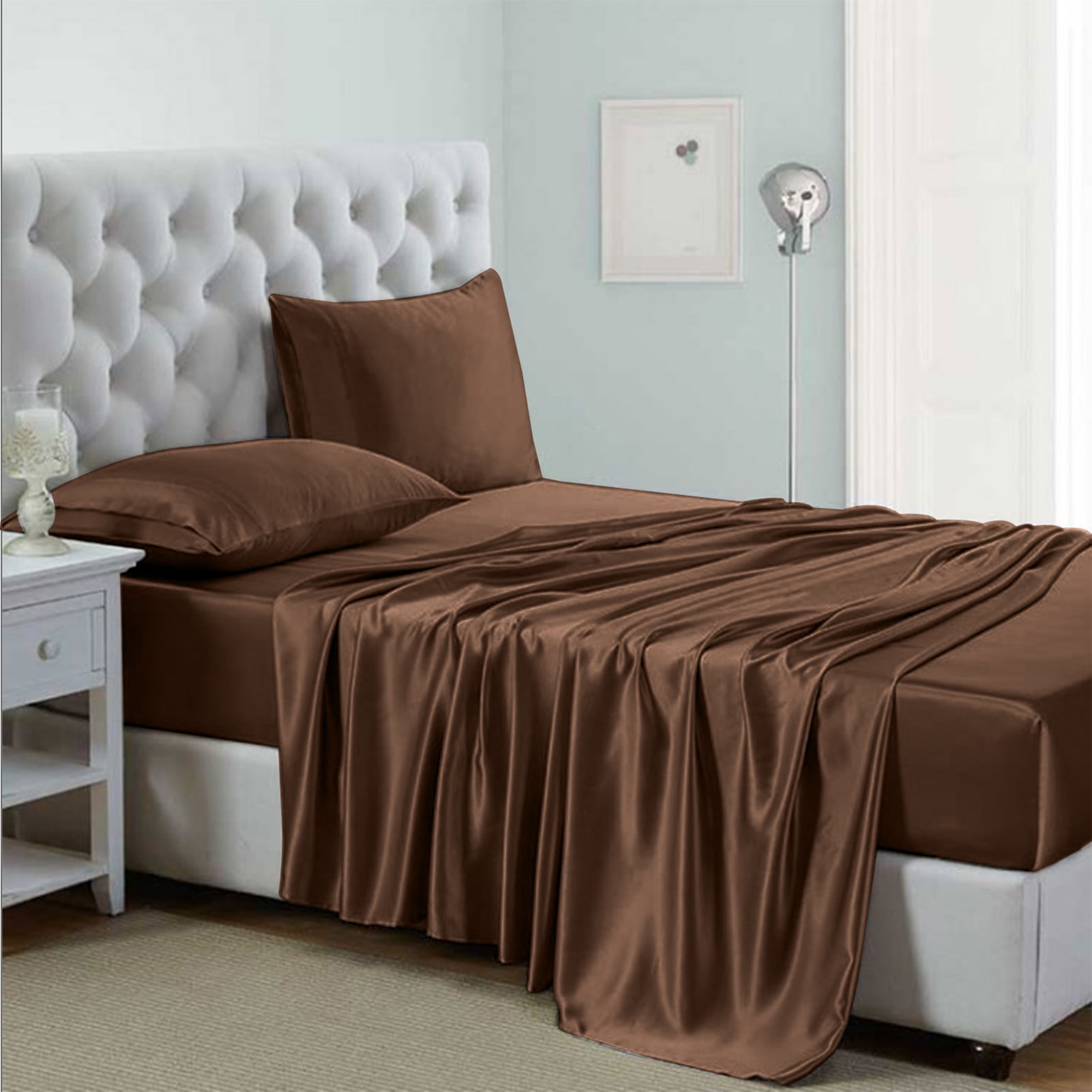 Luxury Satin Sheets Set King Size Brown, 4-Piece Bedding Sets with Deep ...