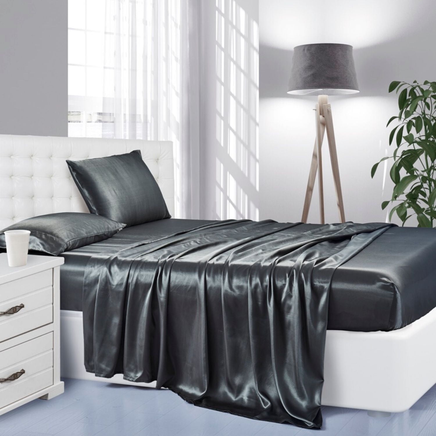 Luxury Silky Satin Queen Size Sheets Set, Gray 4-Piece Bedding with ...